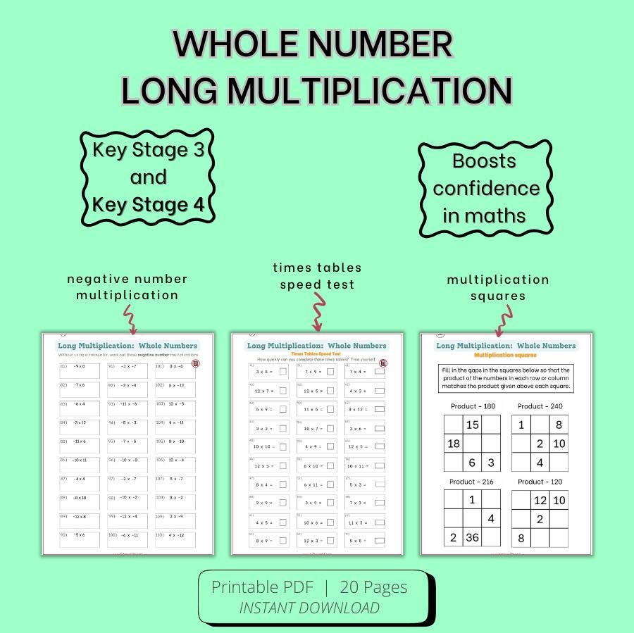 Multiplication Whole Numbers, Maths Worksheets, Key Stage 3 to 4 ...