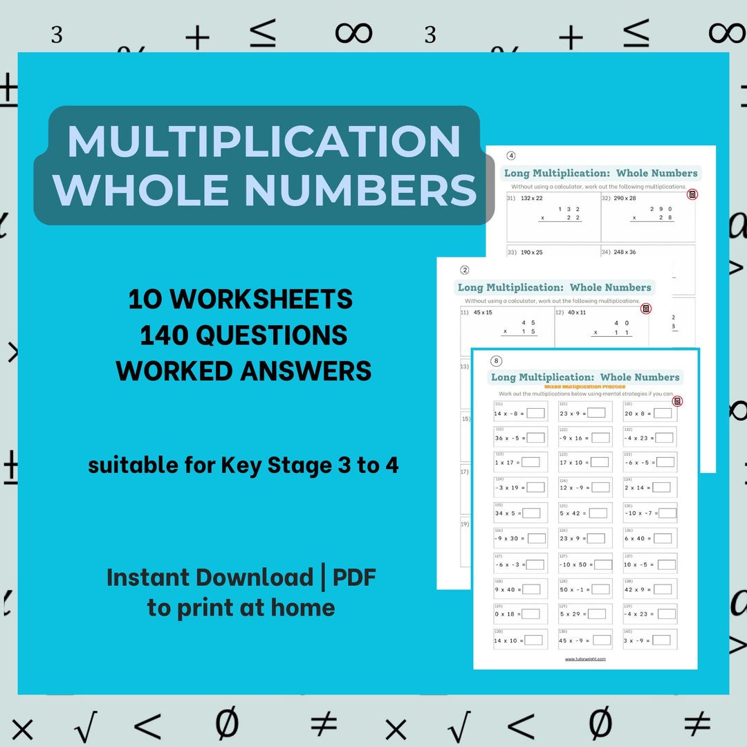 Multiplication Whole Numbers, Maths Worksheets, Key Stage 3 to 4 ...