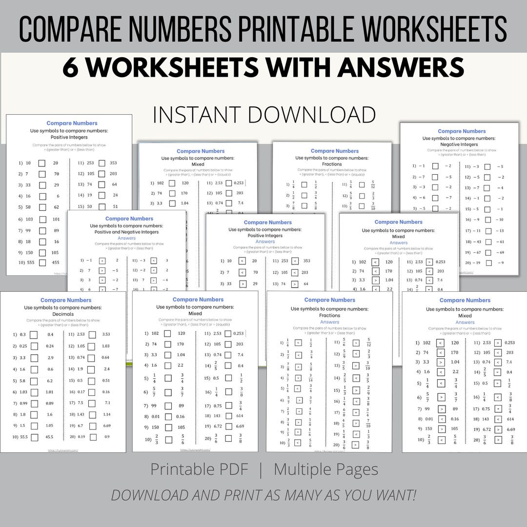 Compare Numbers Worksheets, Set of Six, 20 Questions With Answers ...