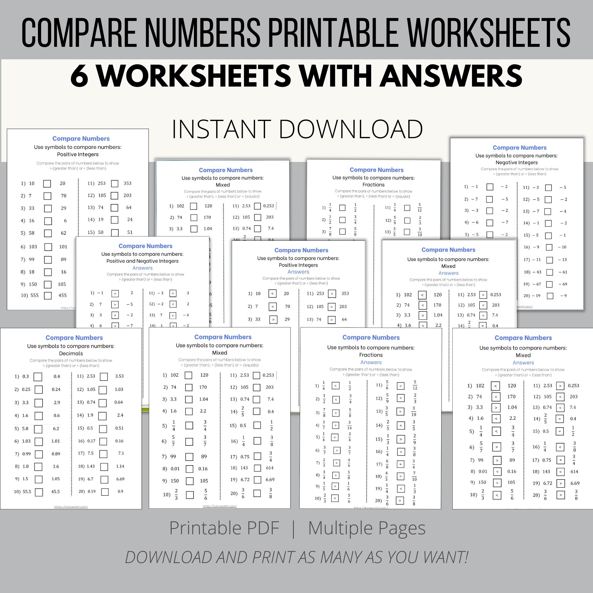 Compare Numbers Worksheets, Set of Six, 20 Questions With Answers ...