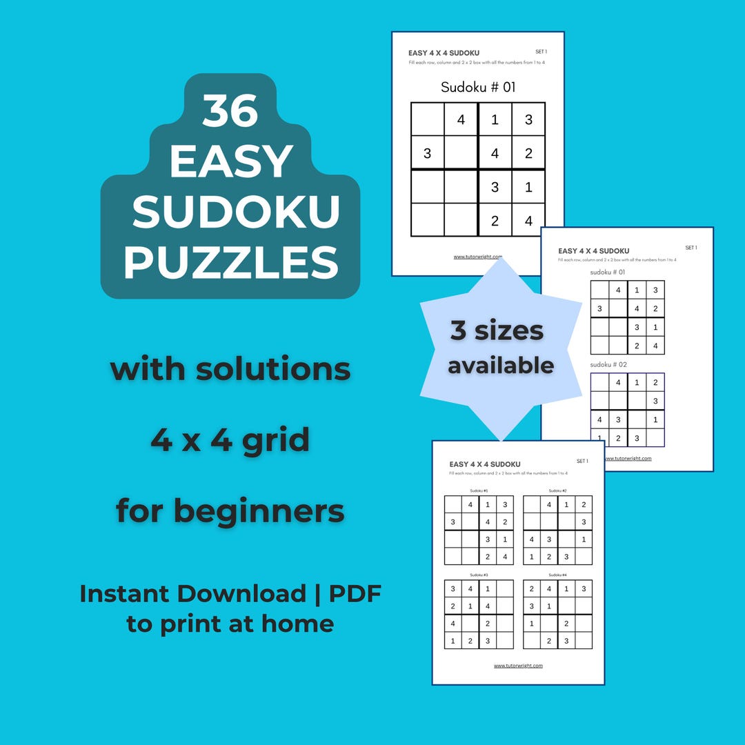 Easy Sudoku Puzzle: 4x4 Grid, Set 1, 36 Pages With Solutions (printable ...