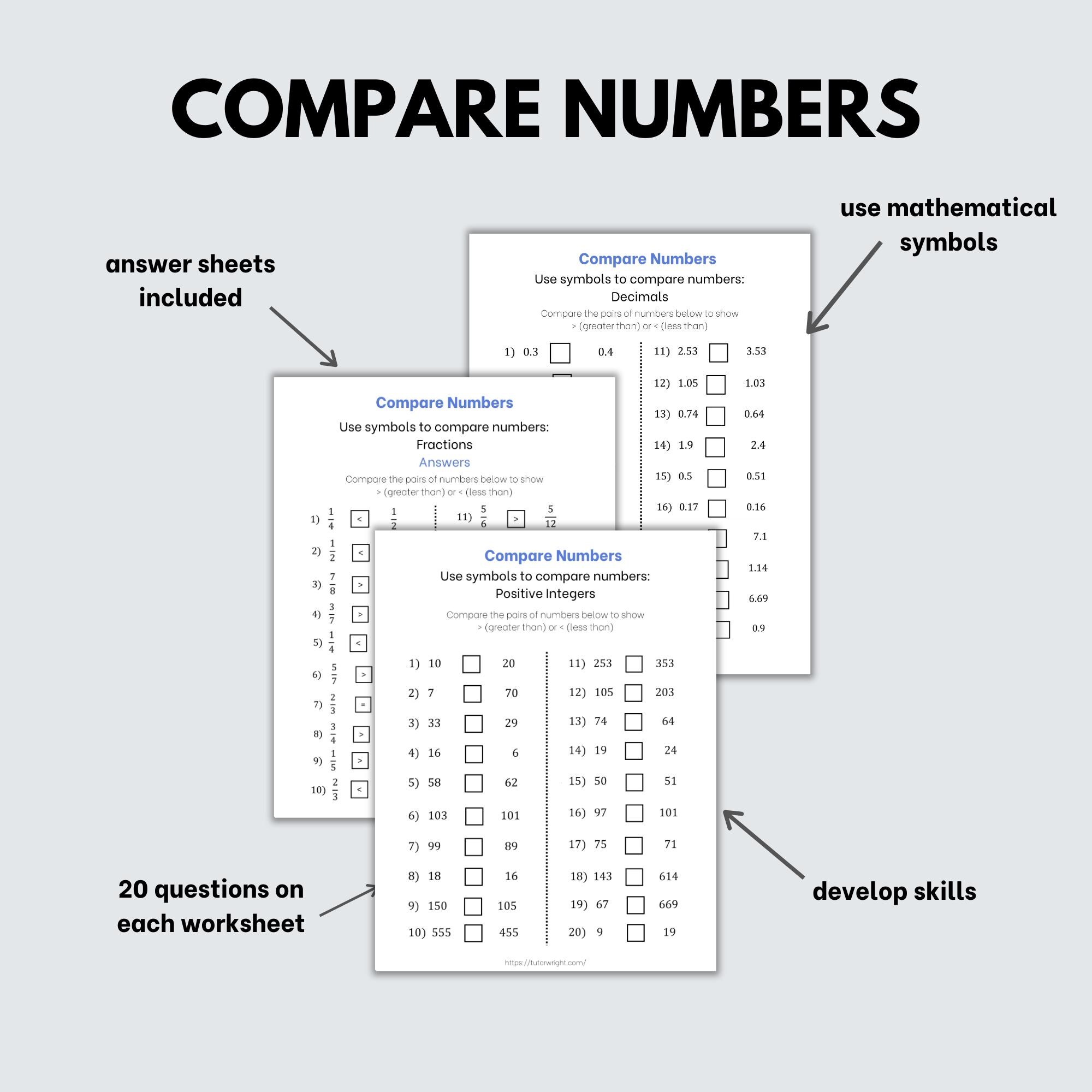 Compare Numbers Worksheets, Set of Six, 20 Questions With Answers ...