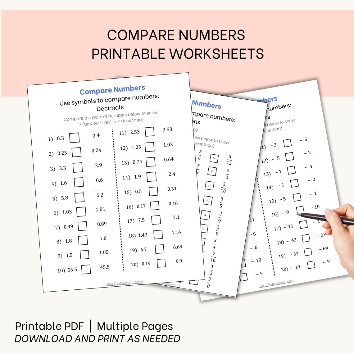 Compare Numbers Worksheets, Set of Six, 20 Questions With Answers ...