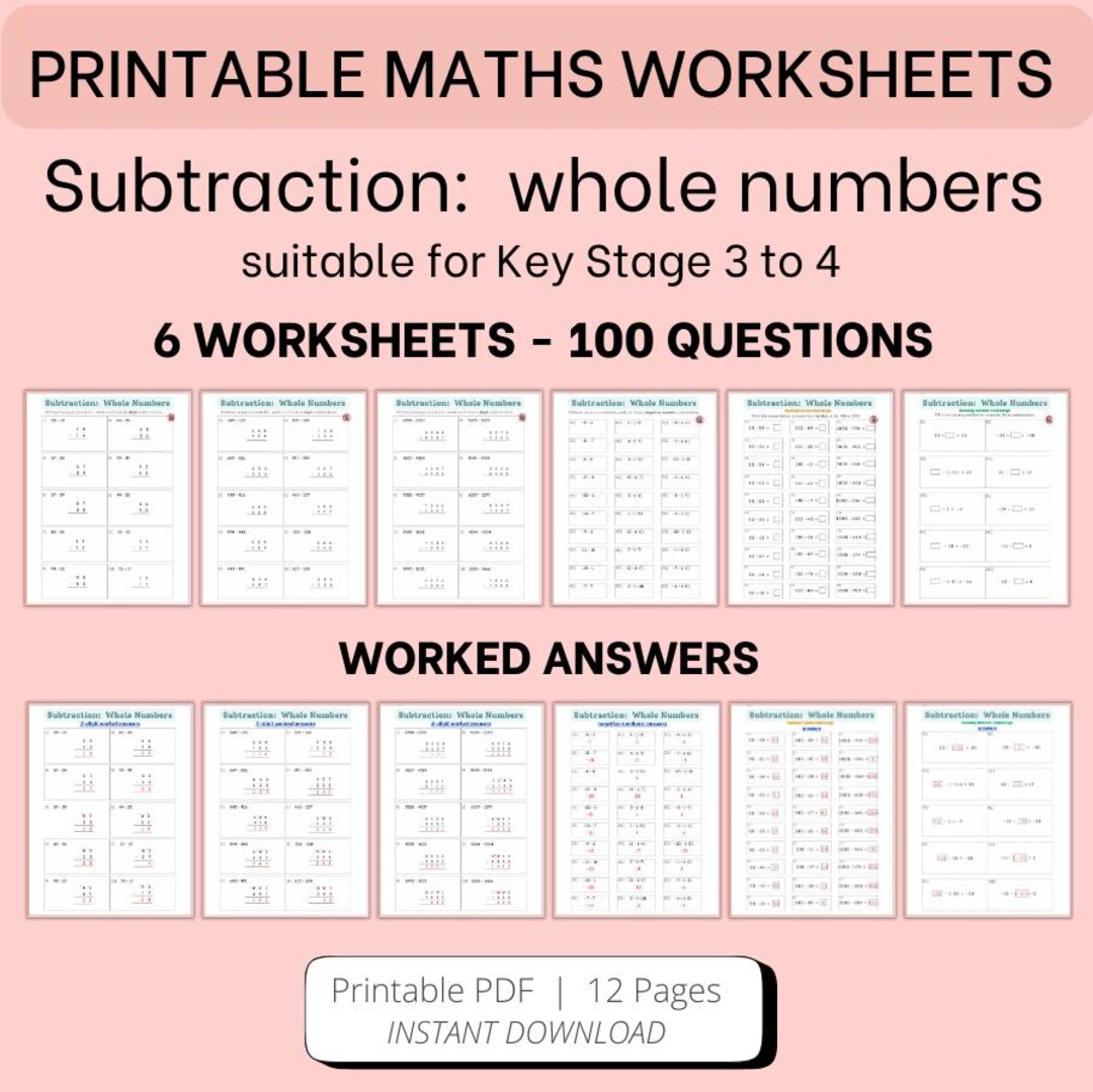 Printable Maths Worksheets for Key Stage 3 and 4. Subtraction Whole ...
