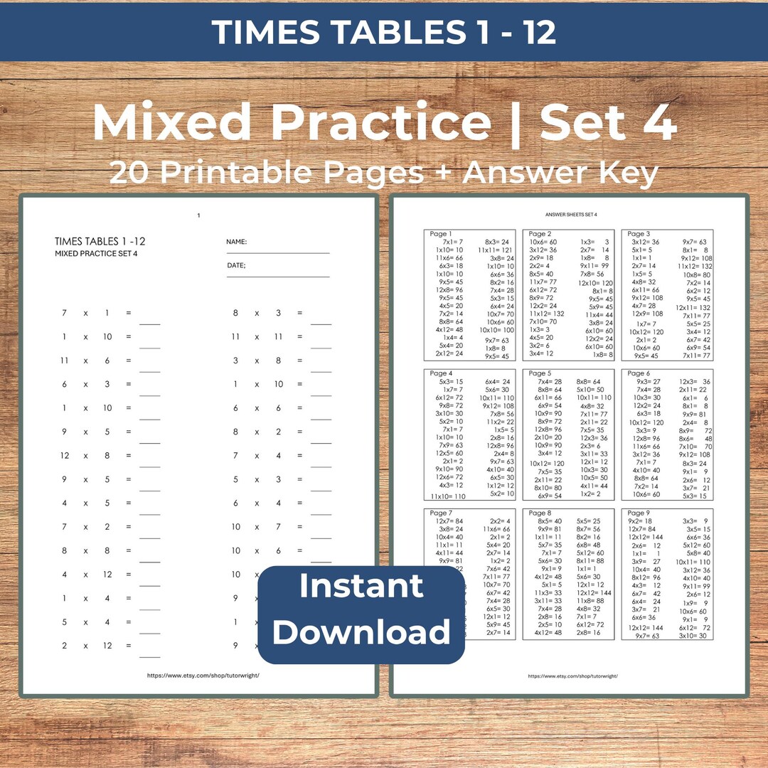 20 Printable Times Tables Worksheets, Mixed Tables 1 – 12, Answer Key ...
