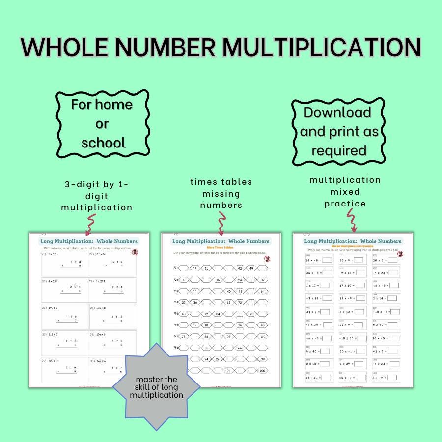 Multiplication Whole Numbers, Maths Worksheets, Key Stage 3 to 4 ...