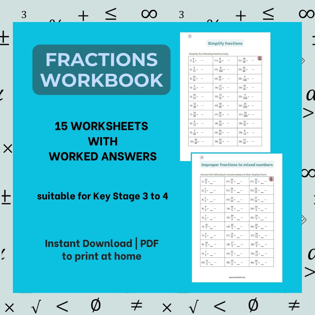 Fractions Workbook: Key Stage 3-4 Math Practice (PDF Download A4 ...