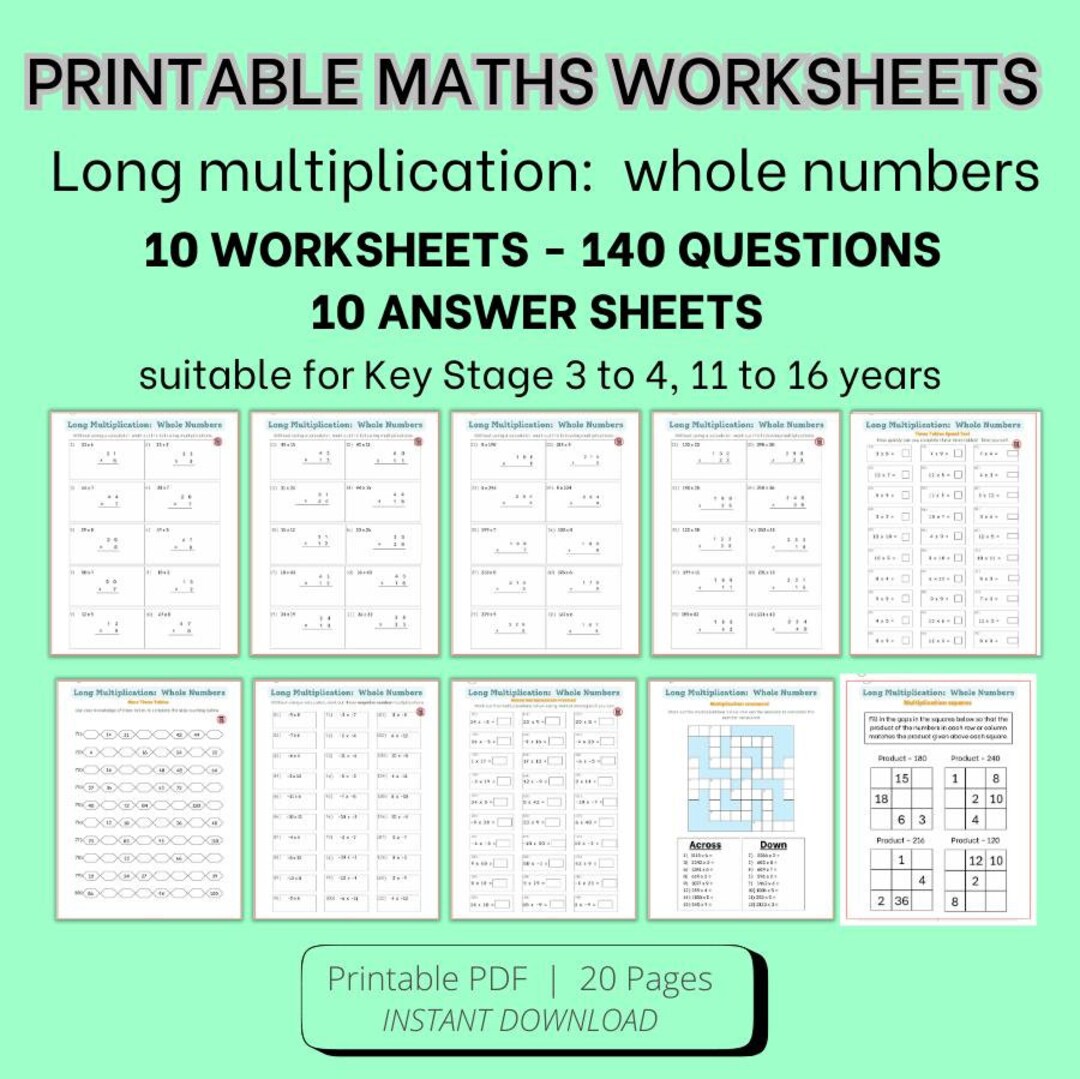 Multiplication of Whole Numbers, Maths Worksheets, Key Stage 3 to 4 ...