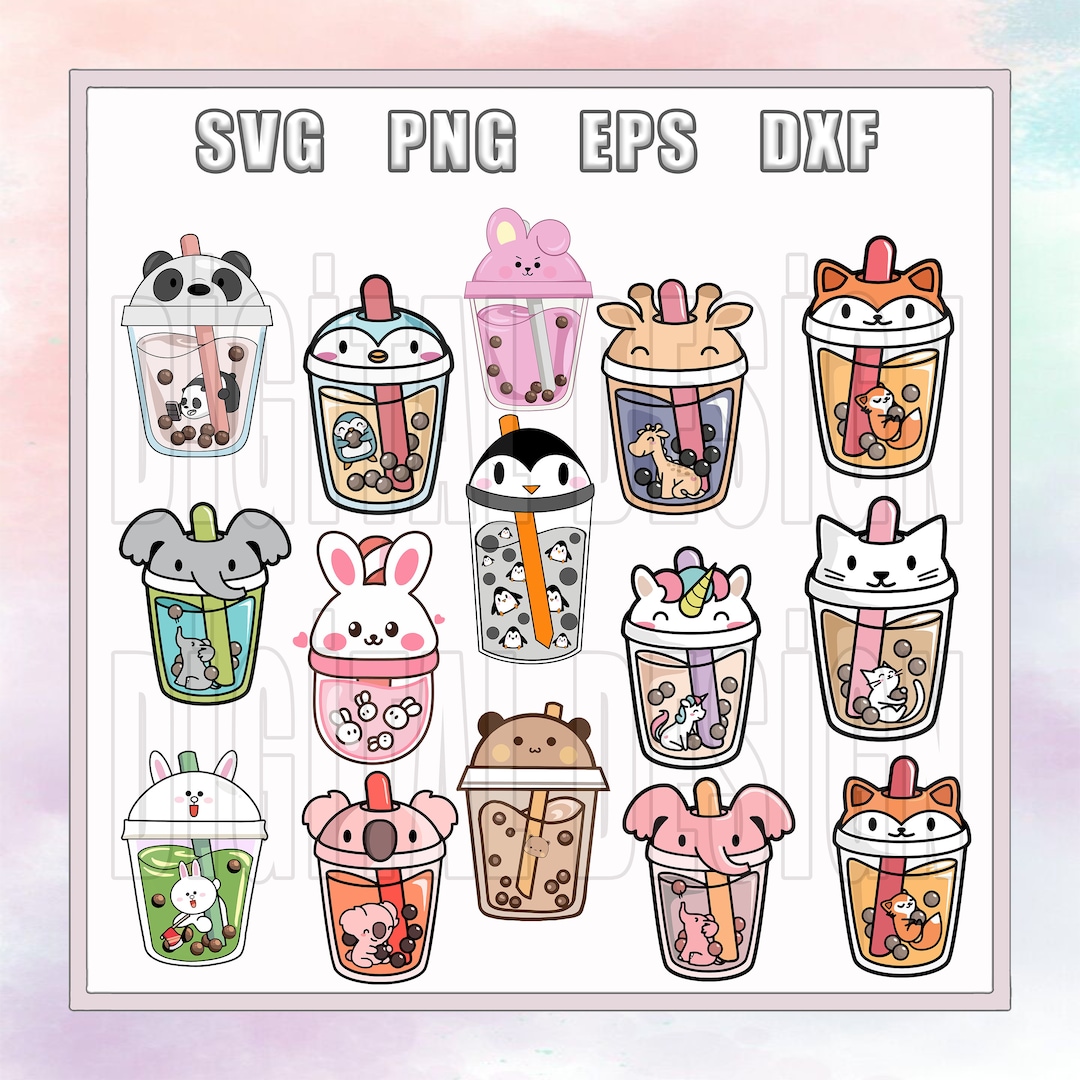 Cute Animals Drink Boba Tea Clipart Transparent PNG Bundle Set Kawaii ...