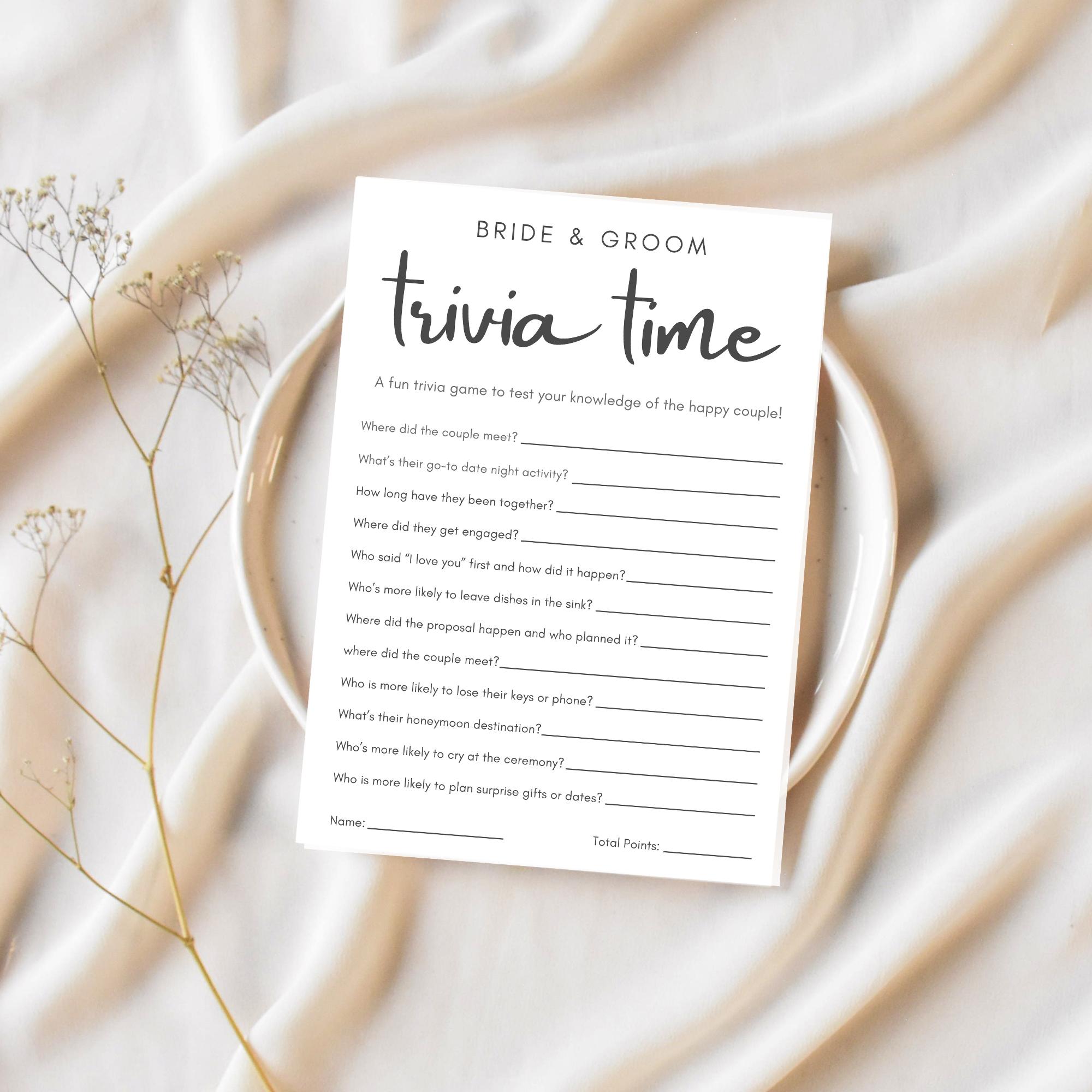Trivia Game for Bride and Groom | Editable Bridal Shower Question Game ...