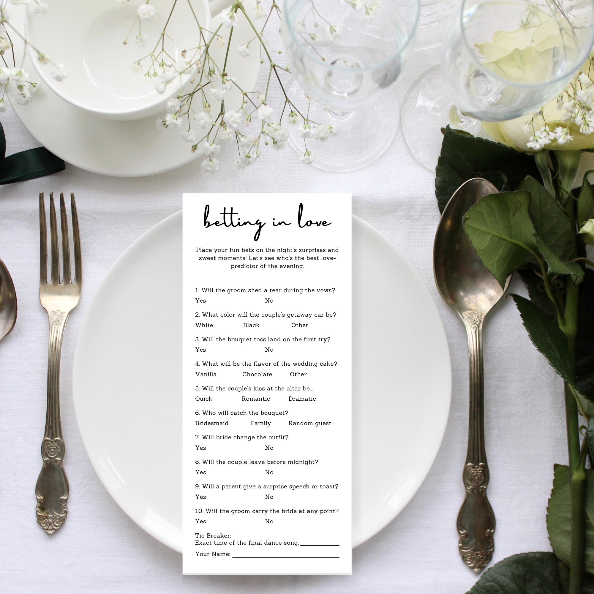 Wedding Place Your Bets | Wedding Prop Bet Sheet | Prop Bets Card ...