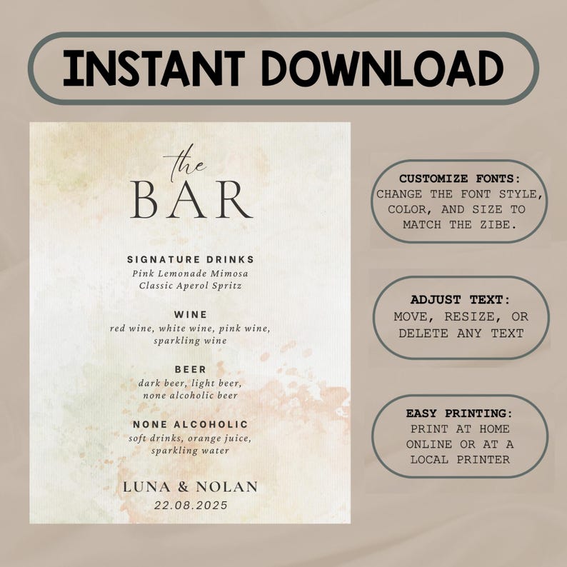 Bar Sign Template | Wedding Drink Menu Template | Modern Wedding Bar ...