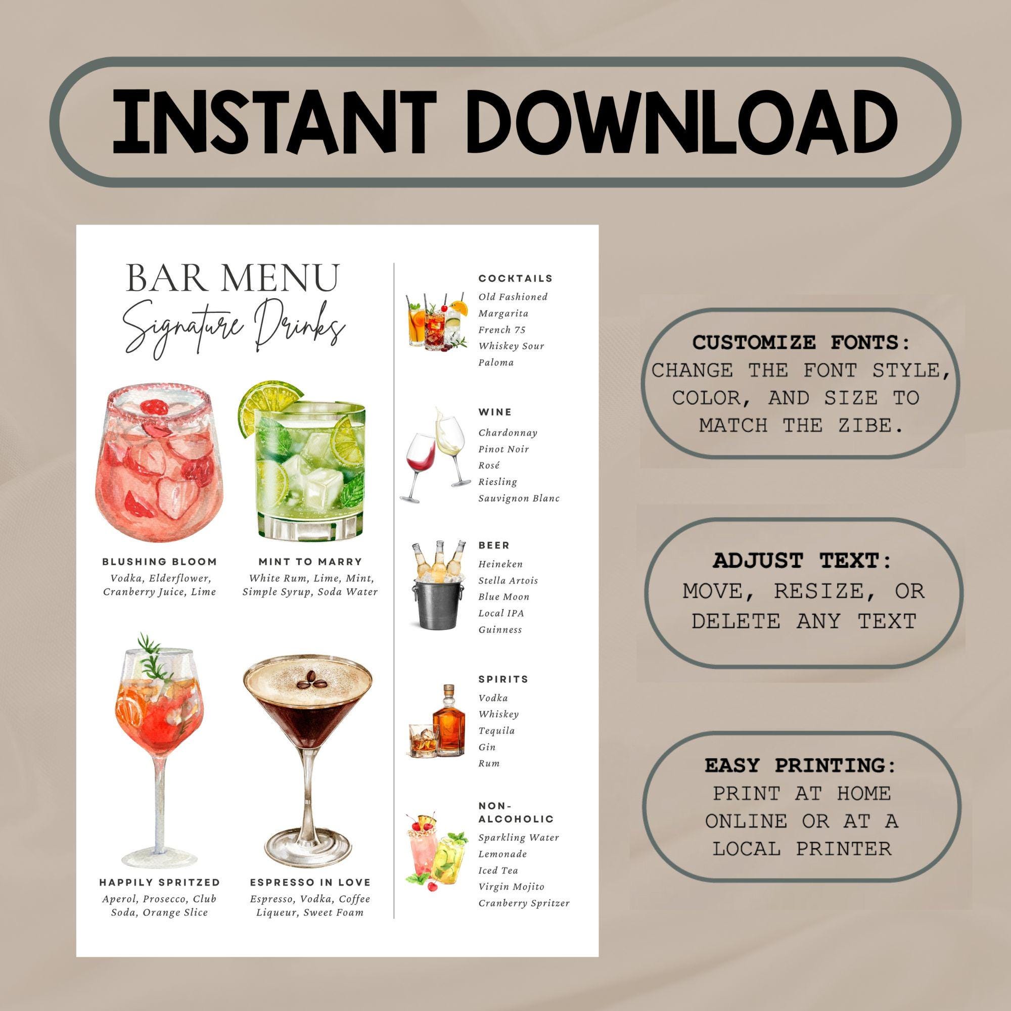 Wedding Bar Menu | Bar Sign Template | Cocktail Sign | Wedding Drink ...