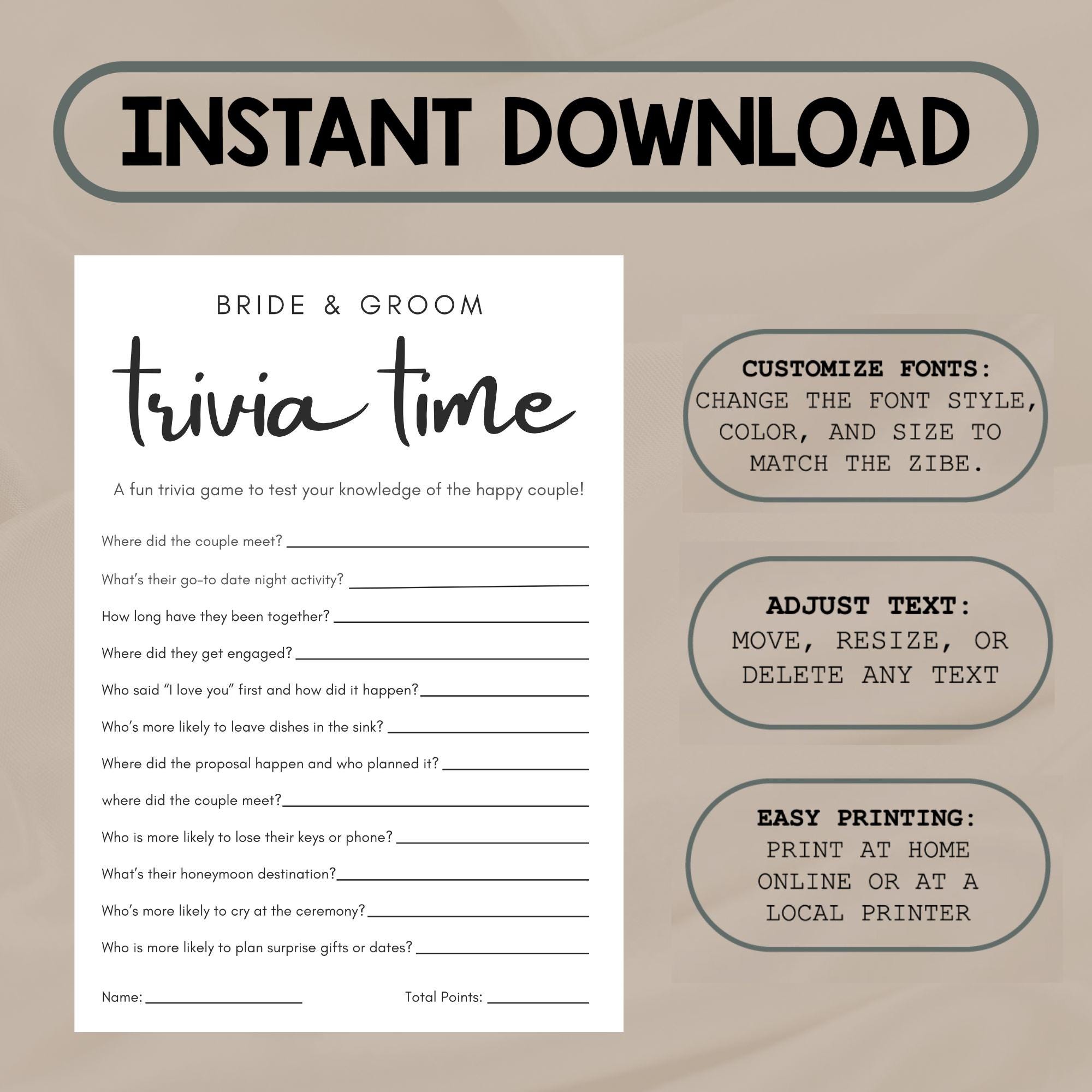 Trivia Game for Bride and Groom | Editable Bridal Shower Question Game ...