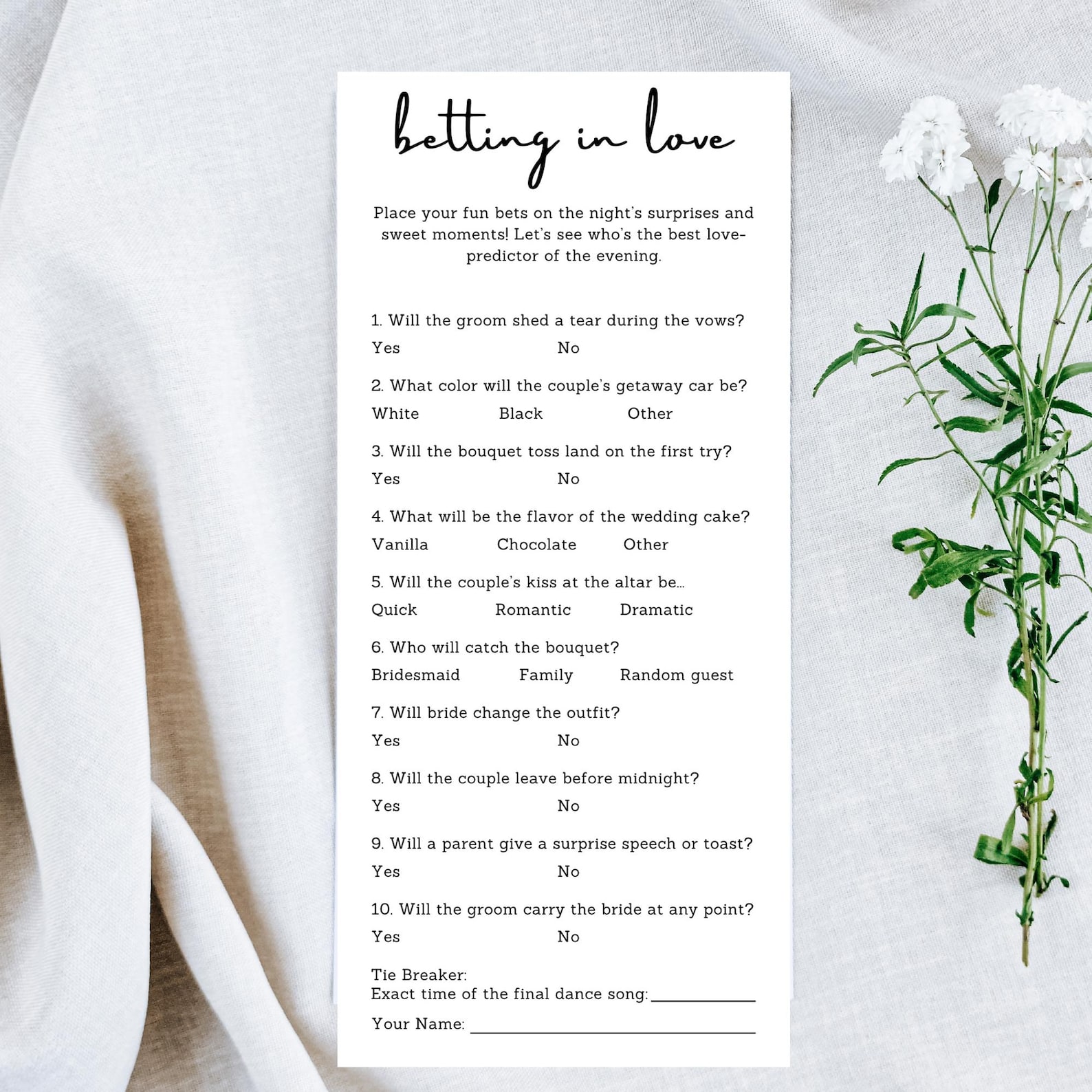 Wedding Place Your Bets | Wedding Prop Bet Sheet | Prop Bets Card ...