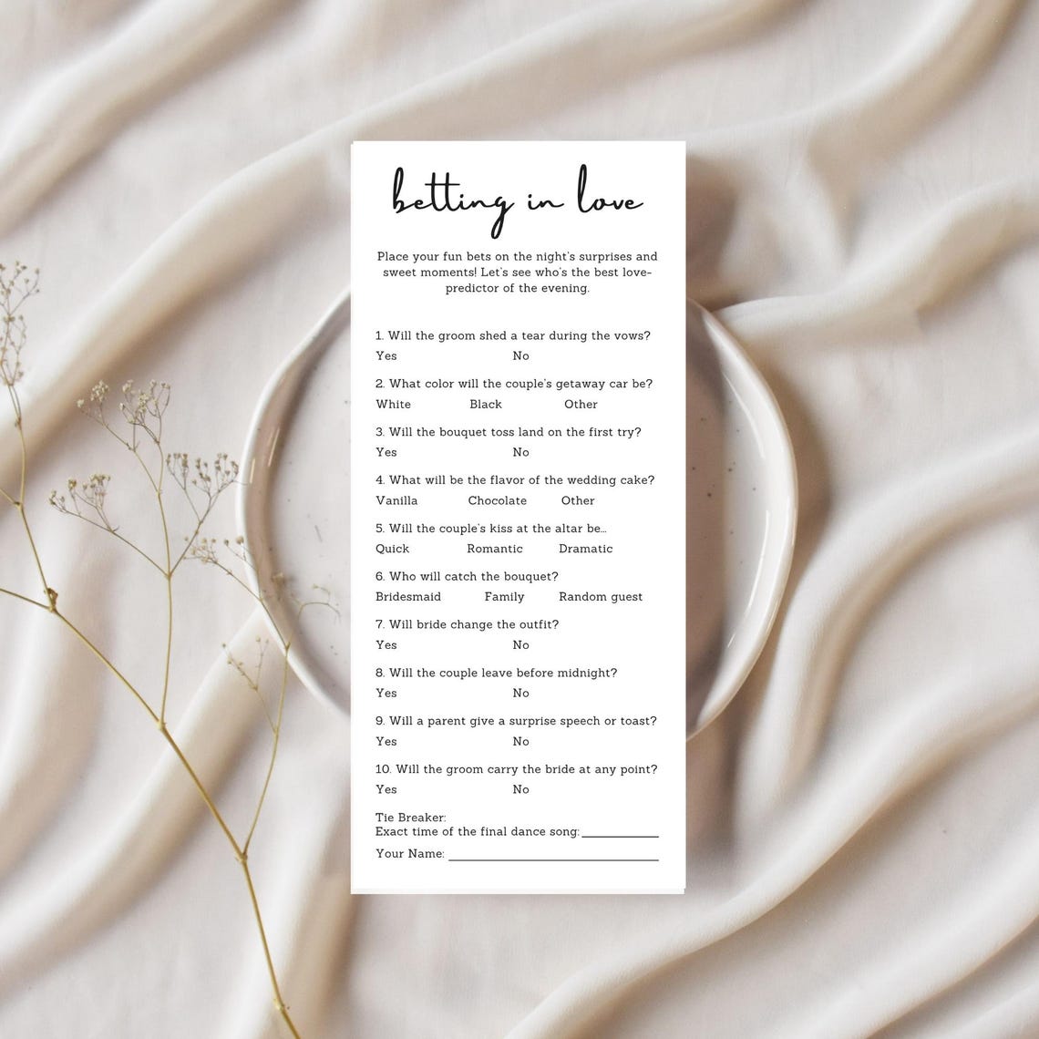 Wedding Place Your Bets | Wedding Prop Bet Sheet | Prop Bets Card ...