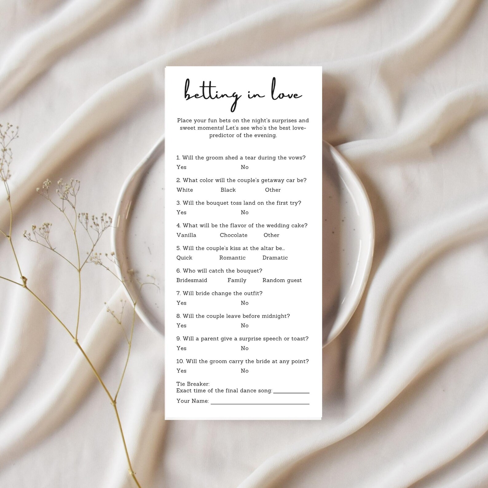 Wedding Place Your Bets | Wedding Prop Bet Sheet | Prop Bets Card ...