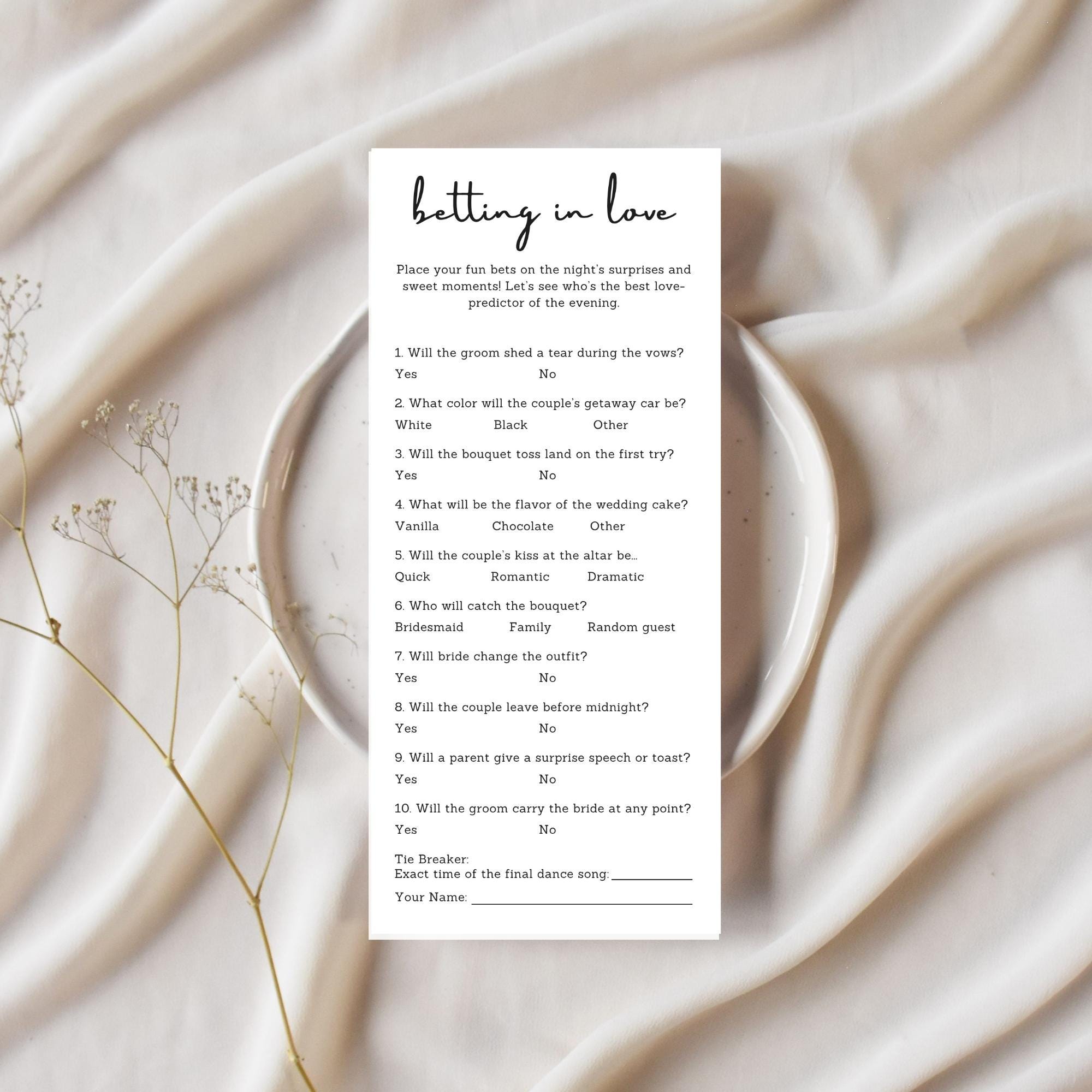 Wedding Place Your Bets | Wedding Prop Bet Sheet | Prop Bets Card ...