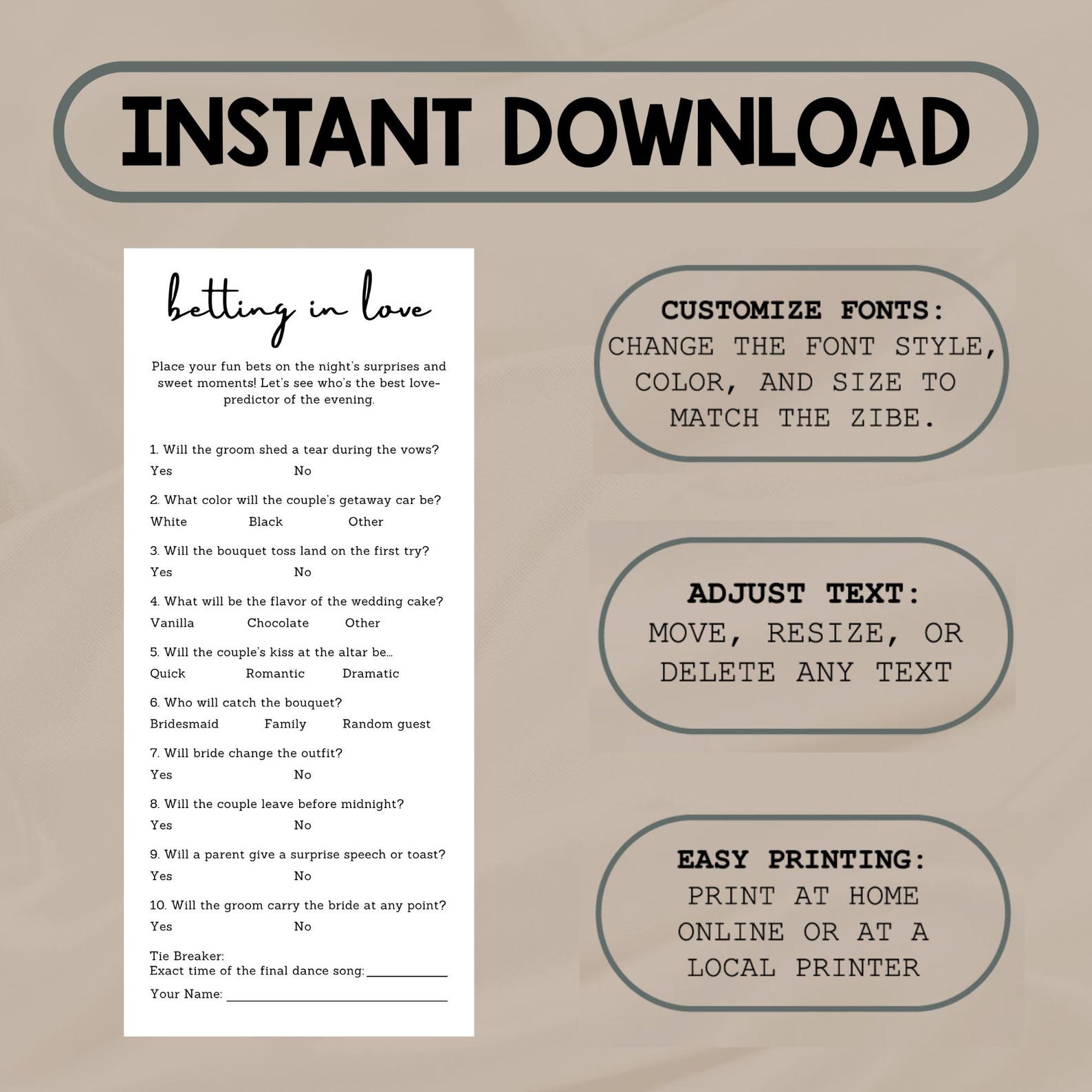 Wedding Place Your Bets | Wedding Prop Bet Sheet | Prop Bets Card ...