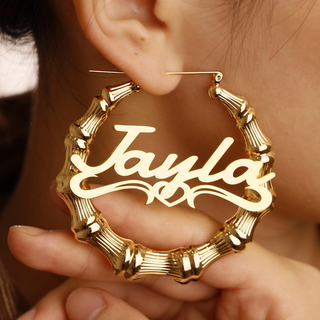Custom Statement Bamboo Earrings, Name Hoop Earrings, Name Earrings, Personalized Earrings ...
