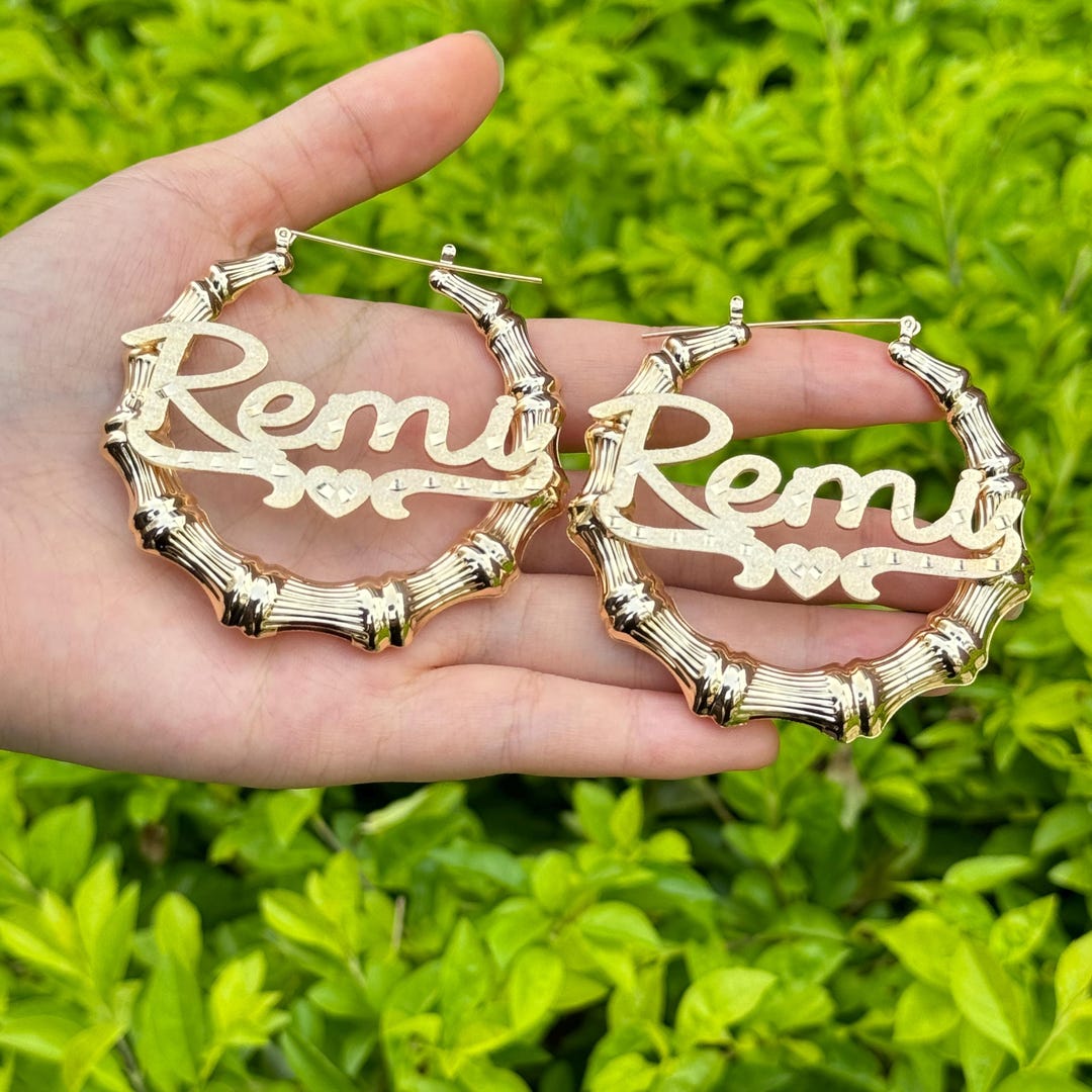 Personalized Name Earrings, Bamboo Hoop Earrings, Custom Name Earrings ...