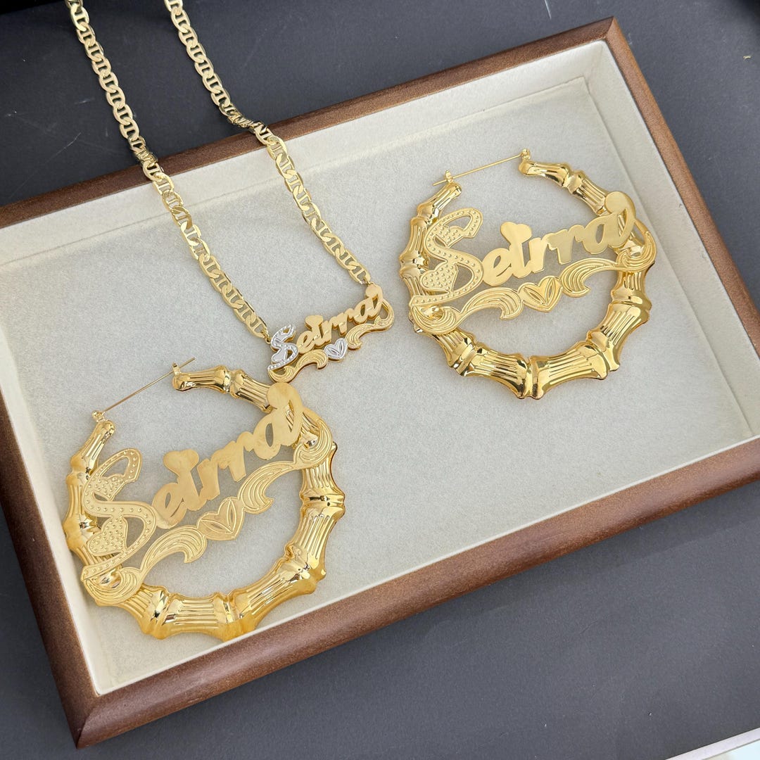 Custom Bamboo Name Jewelry Set, Personalized Necklace & Earrings - Etsy