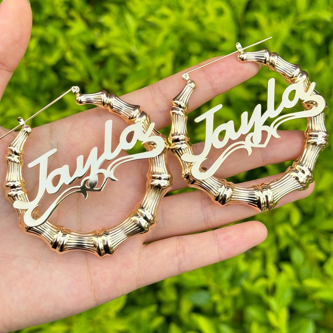 Nameplate Bamboo Earrings, Custom Name Earrings, Gold Bamboo Hoops ...