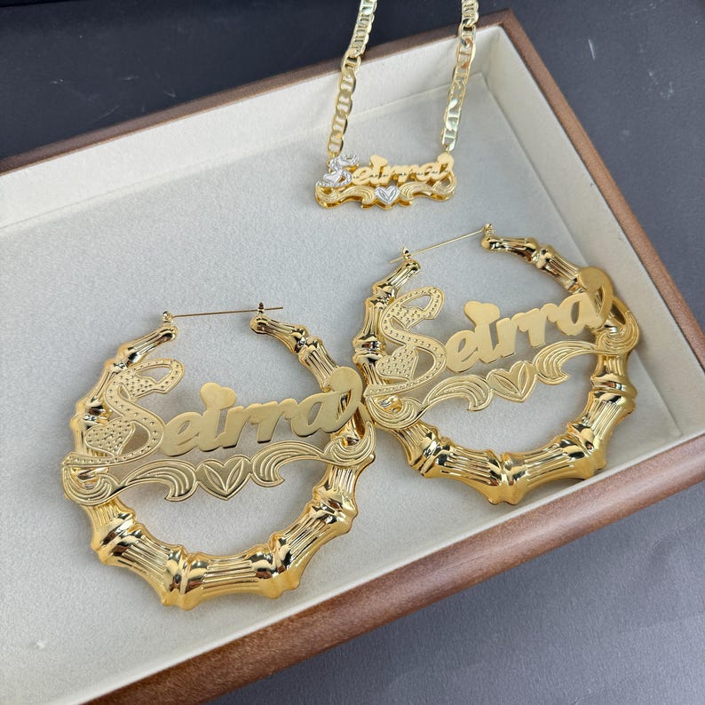 Custom Bamboo Name Jewelry Set, Personalized Necklace & Earrings - Etsy