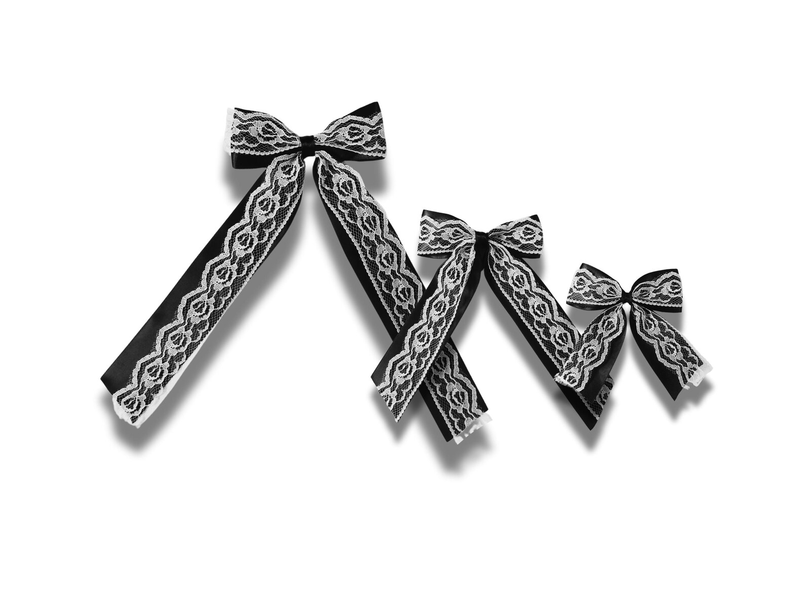 3 Black Satin & White Lace Bows 3, 6, and 9 Tails Included 3 Bows ...
