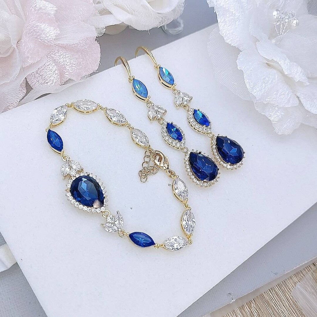 Sapphire Blue Jewelry Set Blue Earrings Bracelet Sets Rose Gold Bridal ...