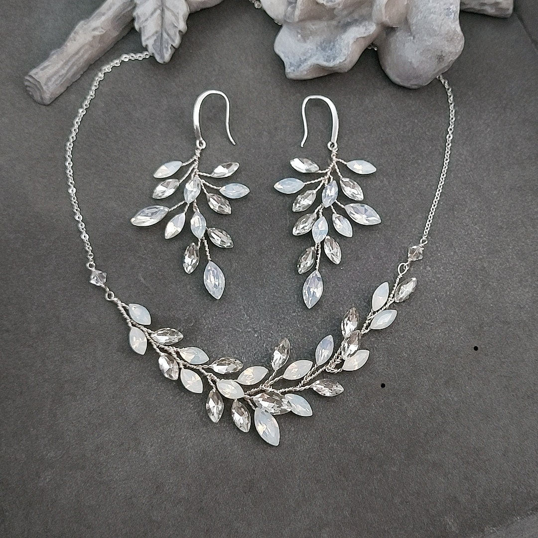 Boho Necklace and Earrings Set, Silver Bridal Jewelry Set, White Opal ...