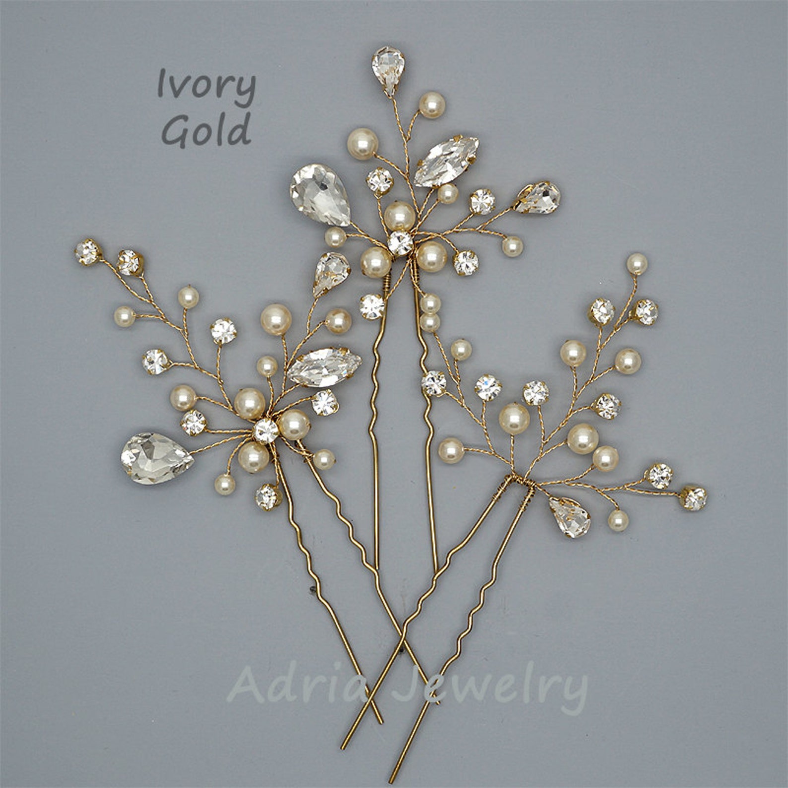 Wedding Hair Pins Set of 3 Gold Hair Pins Crystal Hairpins - Etsy
