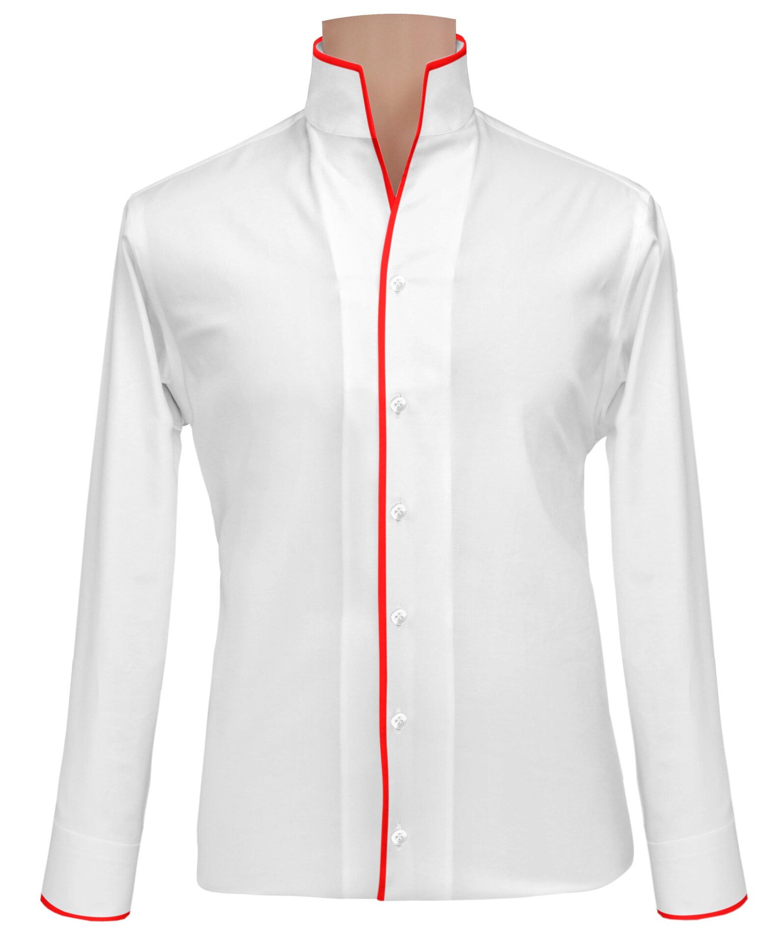 Men's White Shirt With Red Piping High Open Collar Buttonless Tall V ...