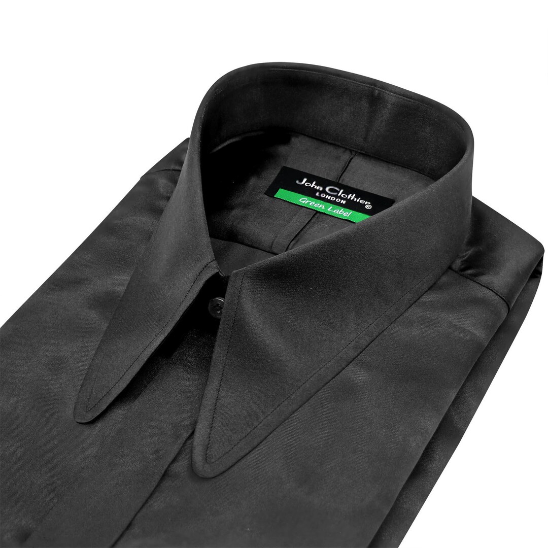 Men's 1970s Revival Dress Shirt Long Round Pointed Spear Collar Black ...