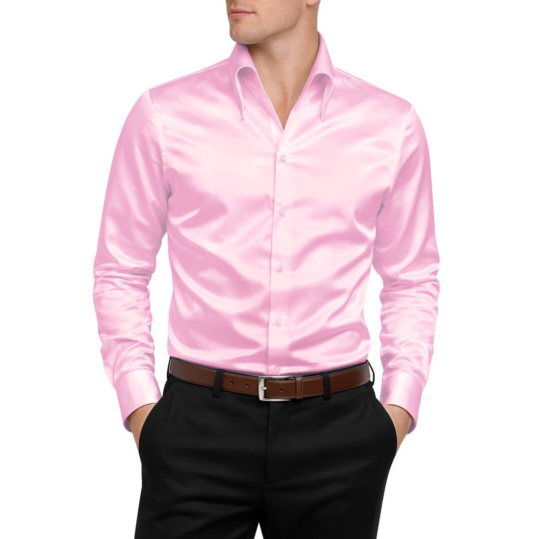 Men's Pastel Baby Pink Satin Shirt High Open Button Down Korean Collar ...