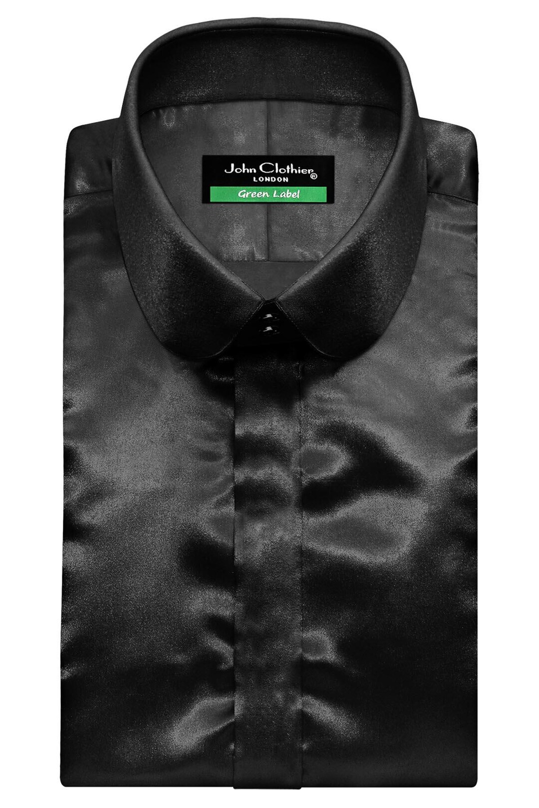 Men's Vintage High Penny Round Collar Shirt Luxury Black Satin Hidden ...