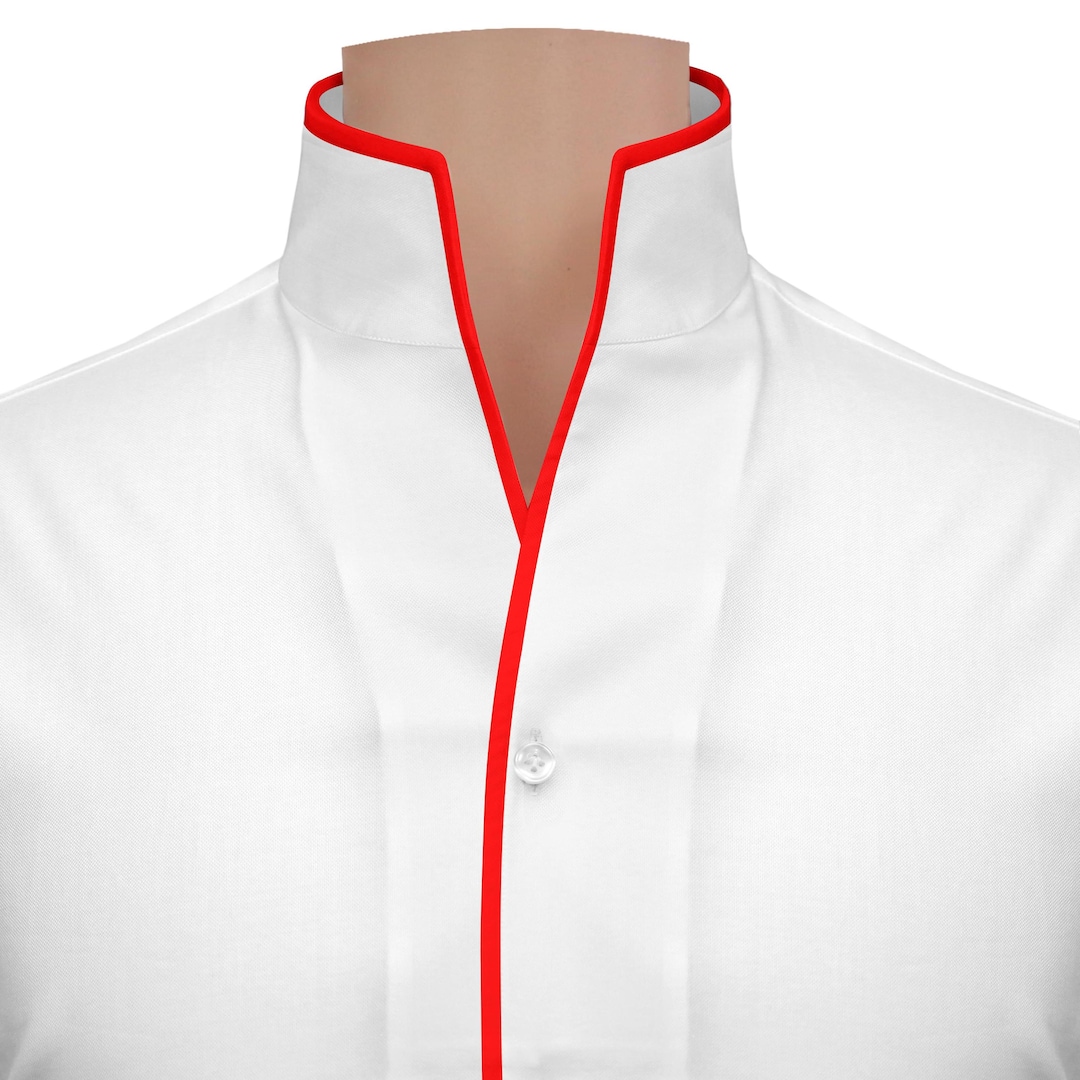 Men's White Shirt With Red Piping High Open Collar Buttonless Tall V ...