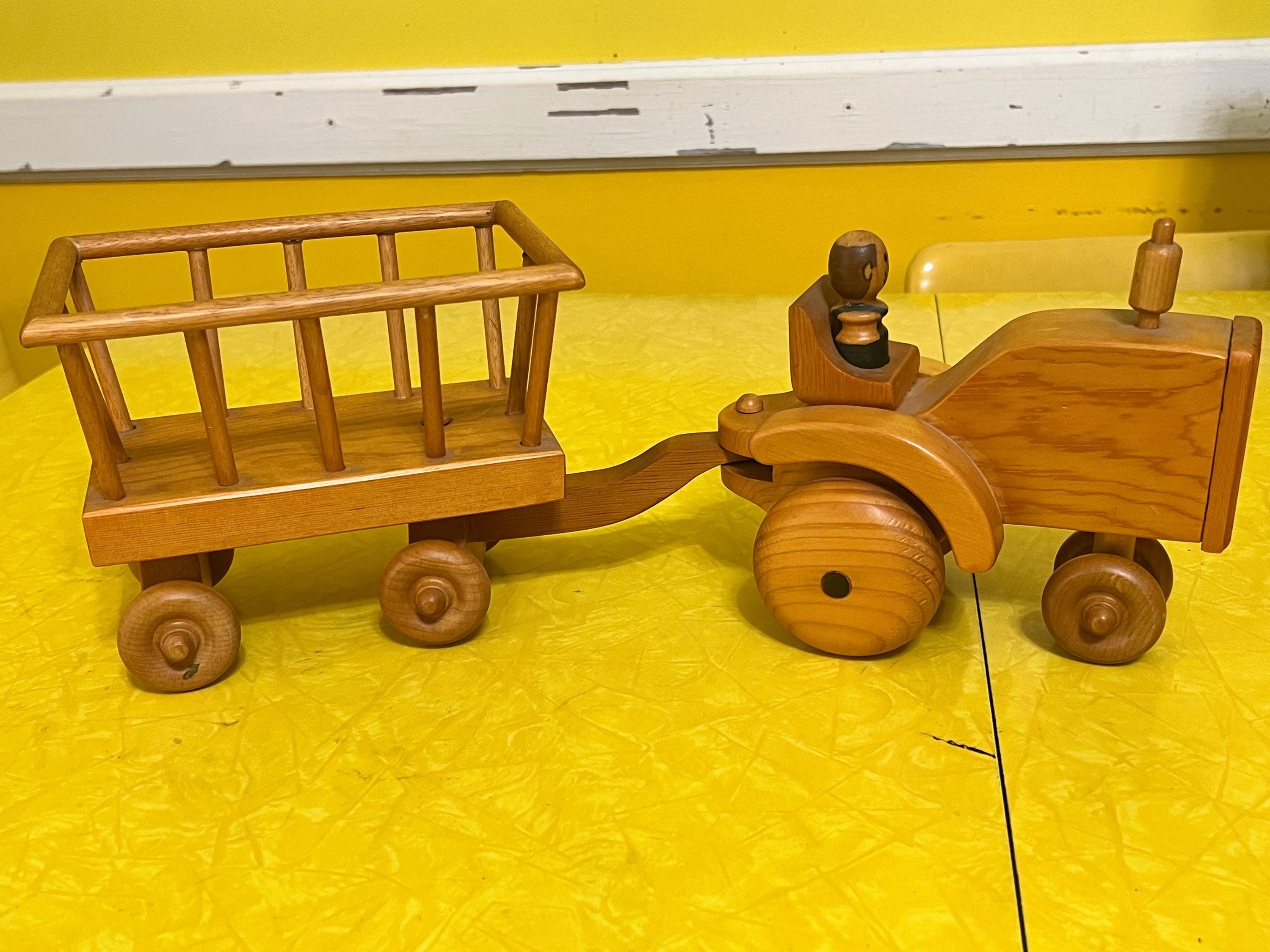 Wooden Farm Tractor With Hay Bail Cart Hand Made Construction Toy ...