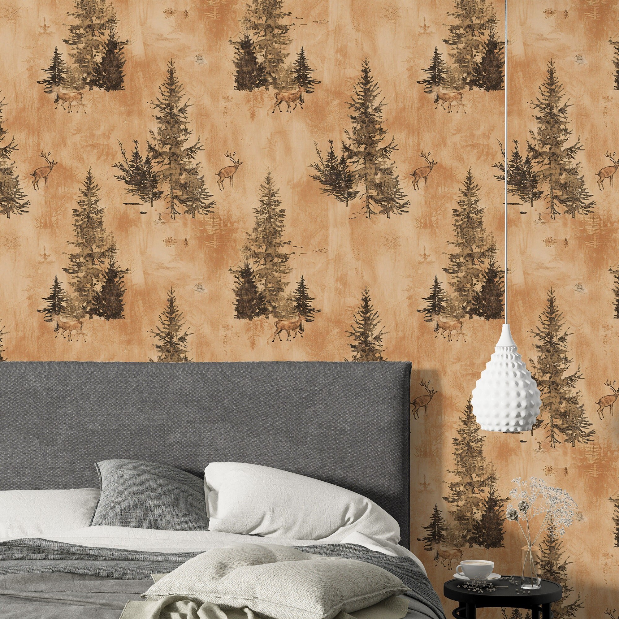 Pine Tree and Deer Wallpaper ,peel and Stick , Forest Wallpaper, Room ...