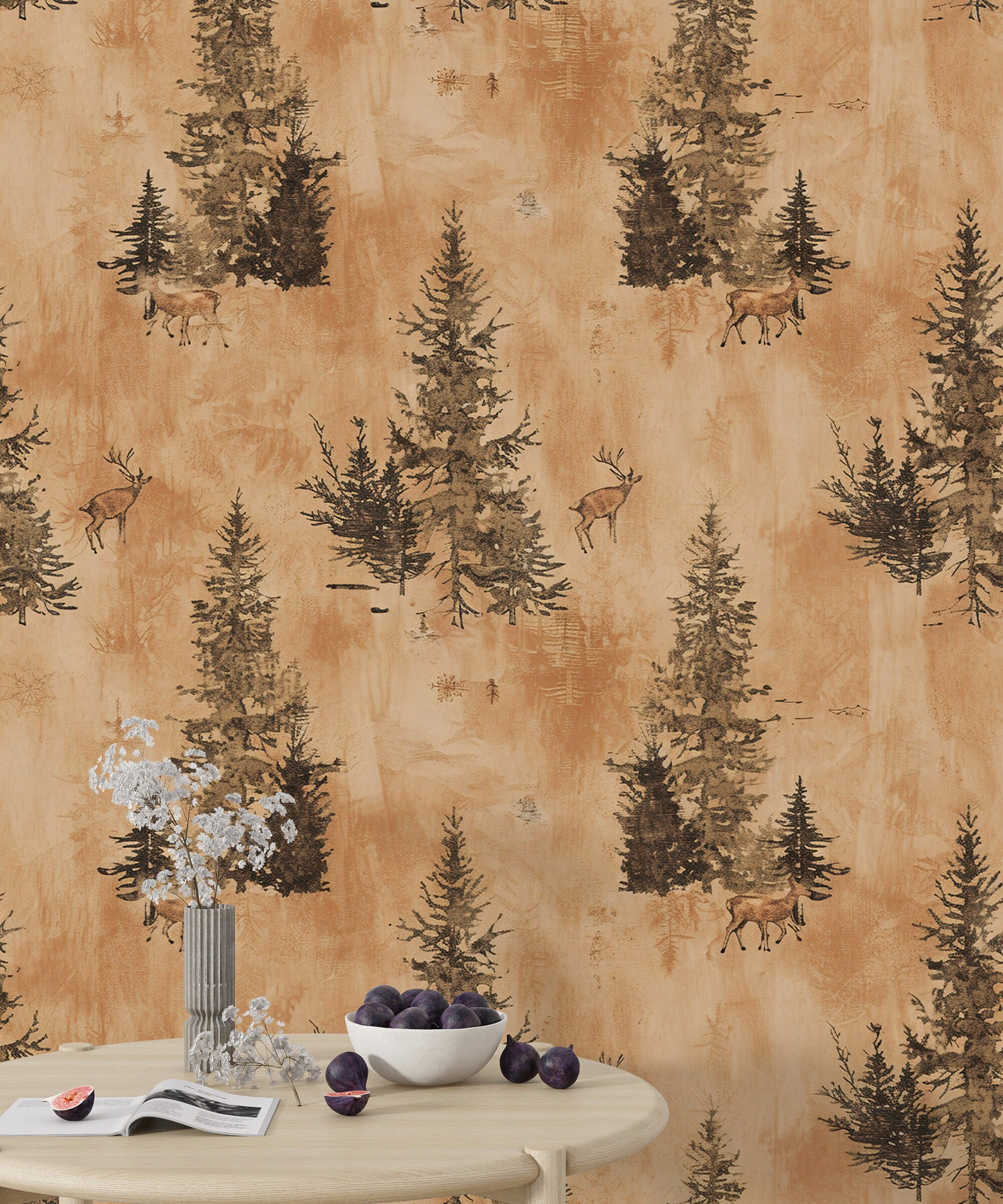 Pine Tree and Deer Wallpaper ,peel and Stick , Forest Wallpaper, Room ...
