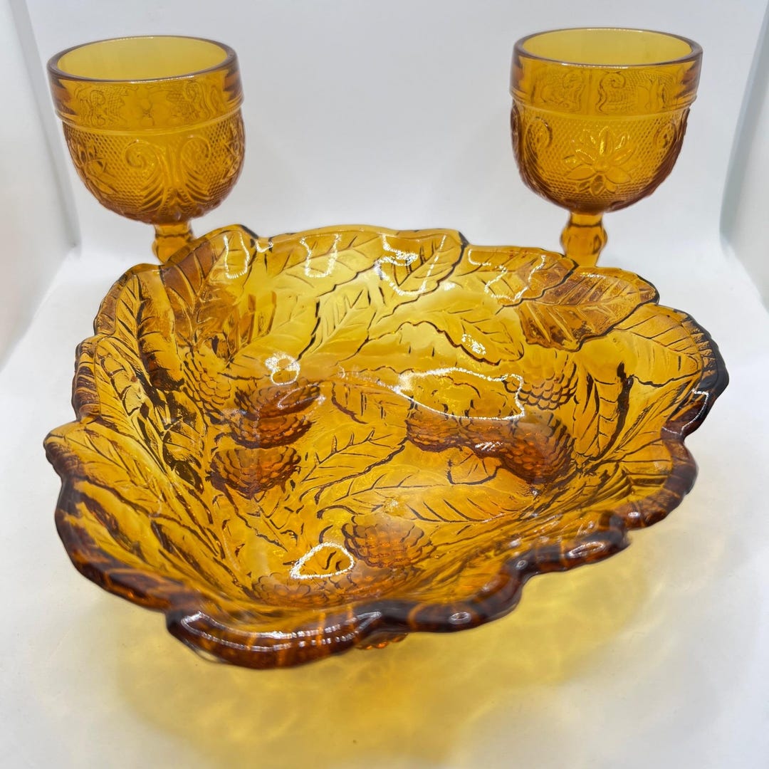 Vintage Amber Glass Candy Dish 2 Goblets W Floral and Leaf Pattern 7in ...