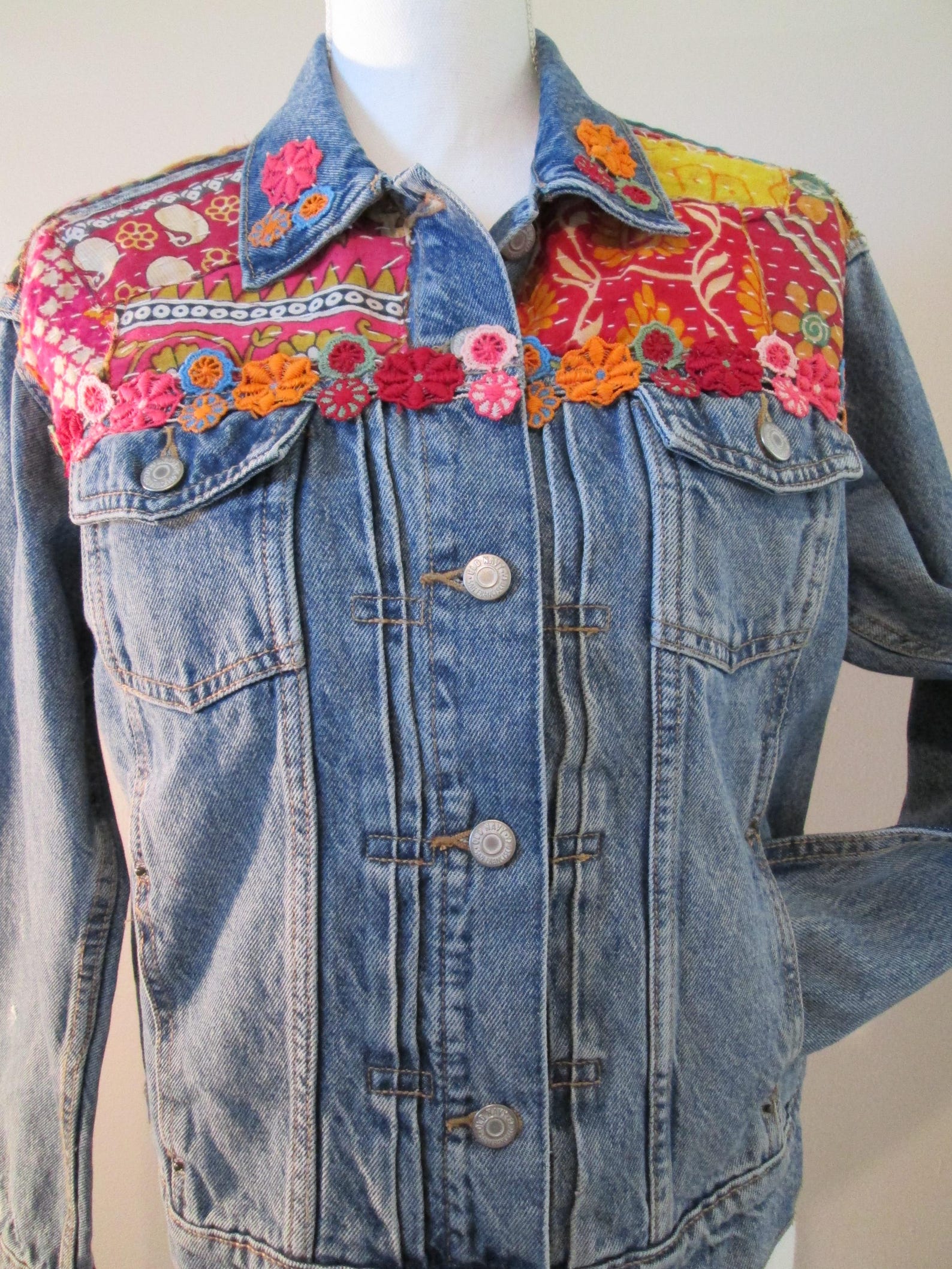Boho Chic Denim Jacket, Artisan Crafted Patchwork Distressed Jean ...