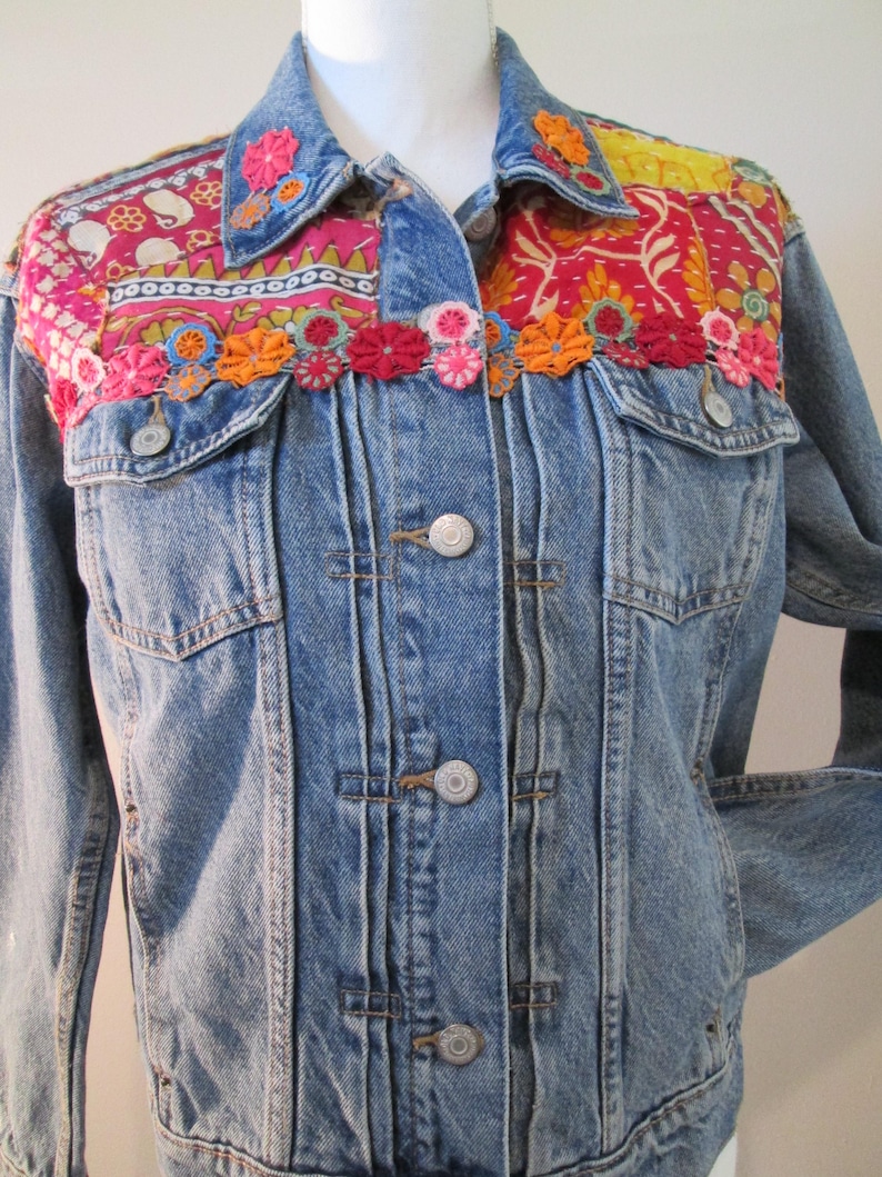 Boho Chic Denim Jacket, Artisan Crafted Patchwork Distressed Jean ...