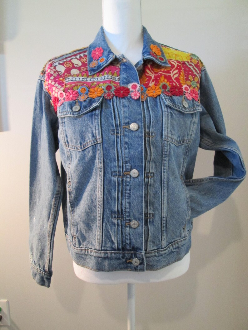Boho Chic Denim Jacket, Artisan Crafted Patchwork Distressed Jean ...