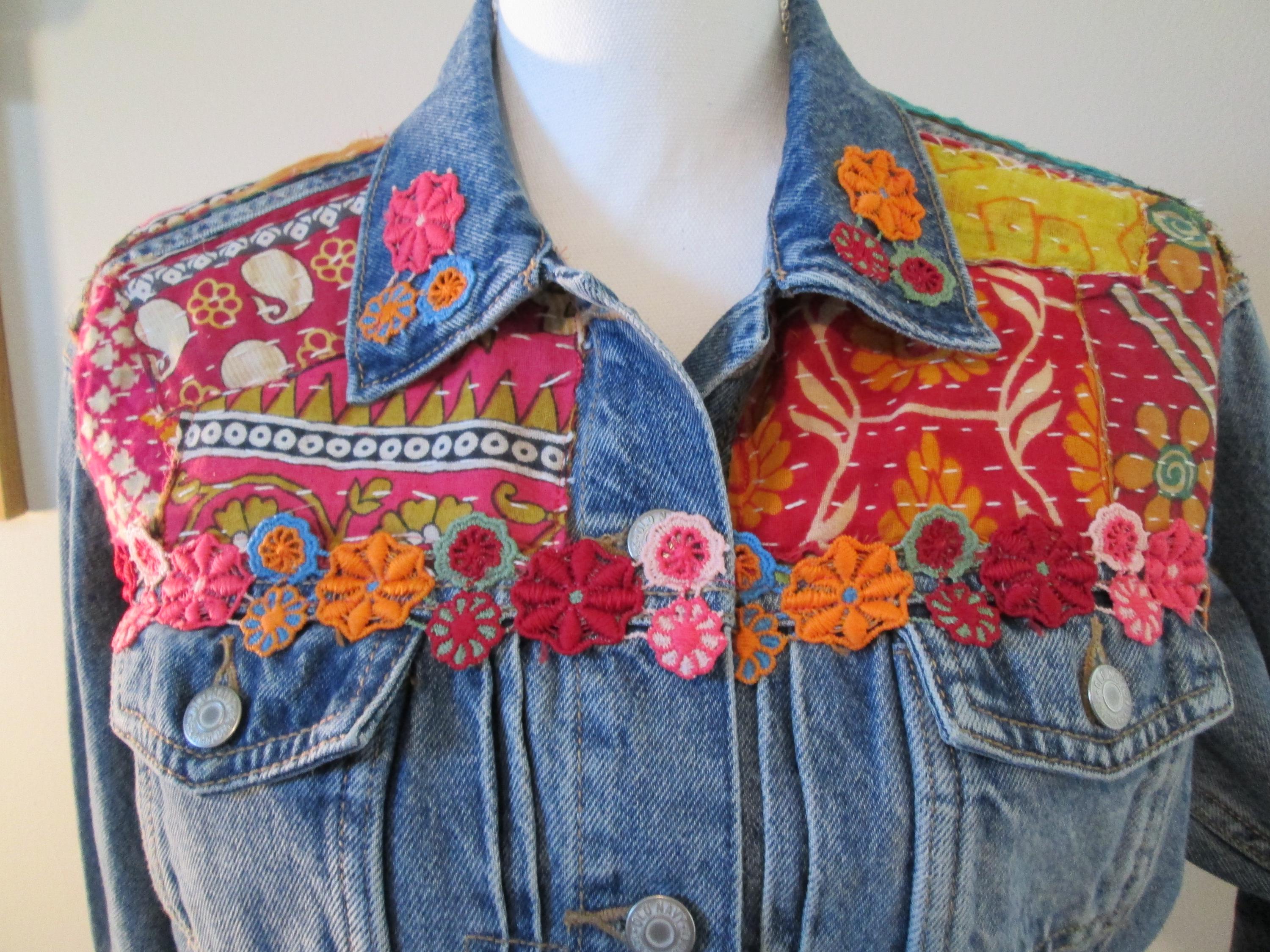 Boho Chic Denim Jacket, Artisan Crafted Patchwork Distressed Jean ...