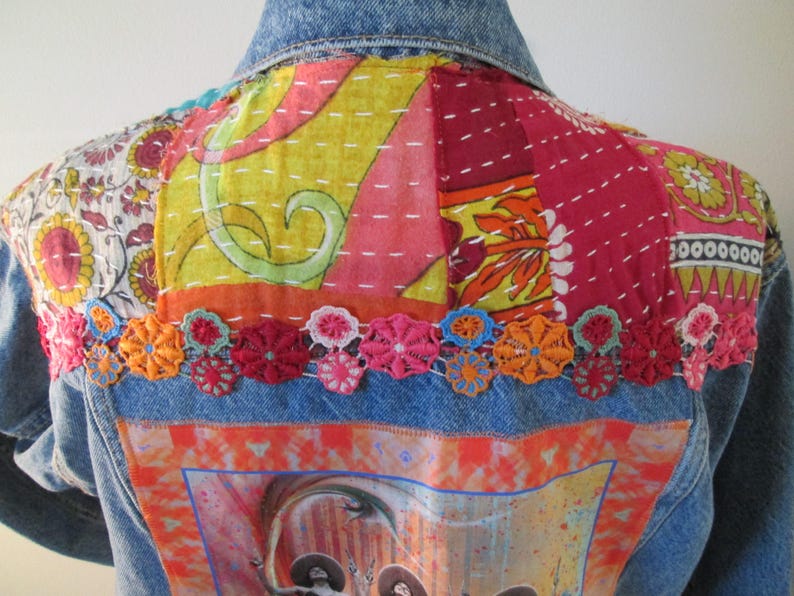 Boho Chic Denim Jacket, Artisan Crafted Patchwork Distressed Jean ...