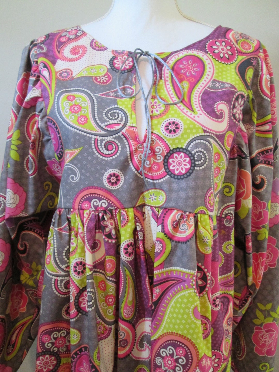 BOHO Hippie Top or Short Dress Pink Purple Paisley Print Handmade Retro ...
