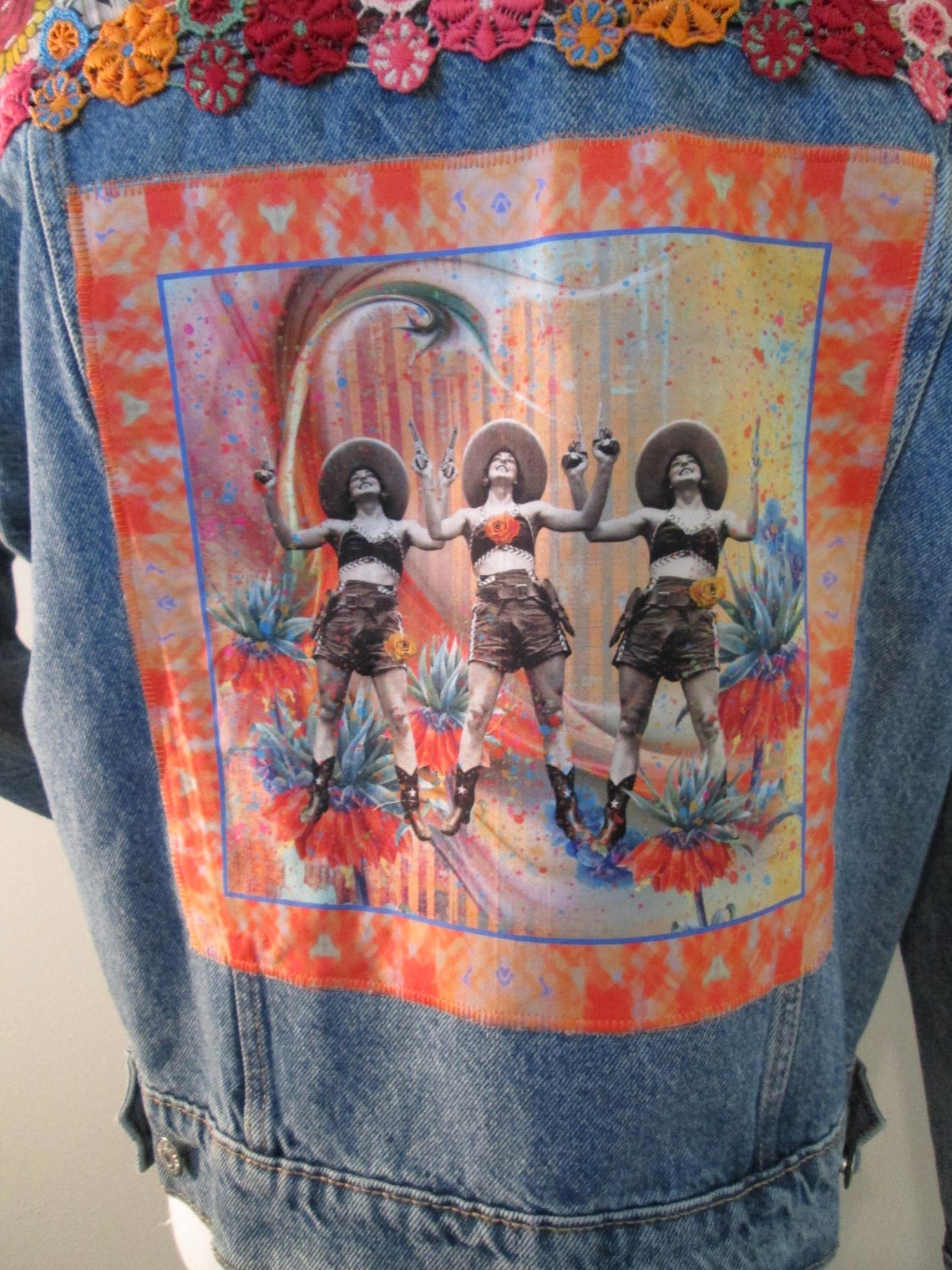 Boho Chic Denim Jacket, Artisan Crafted Patchwork Distressed Jean ...