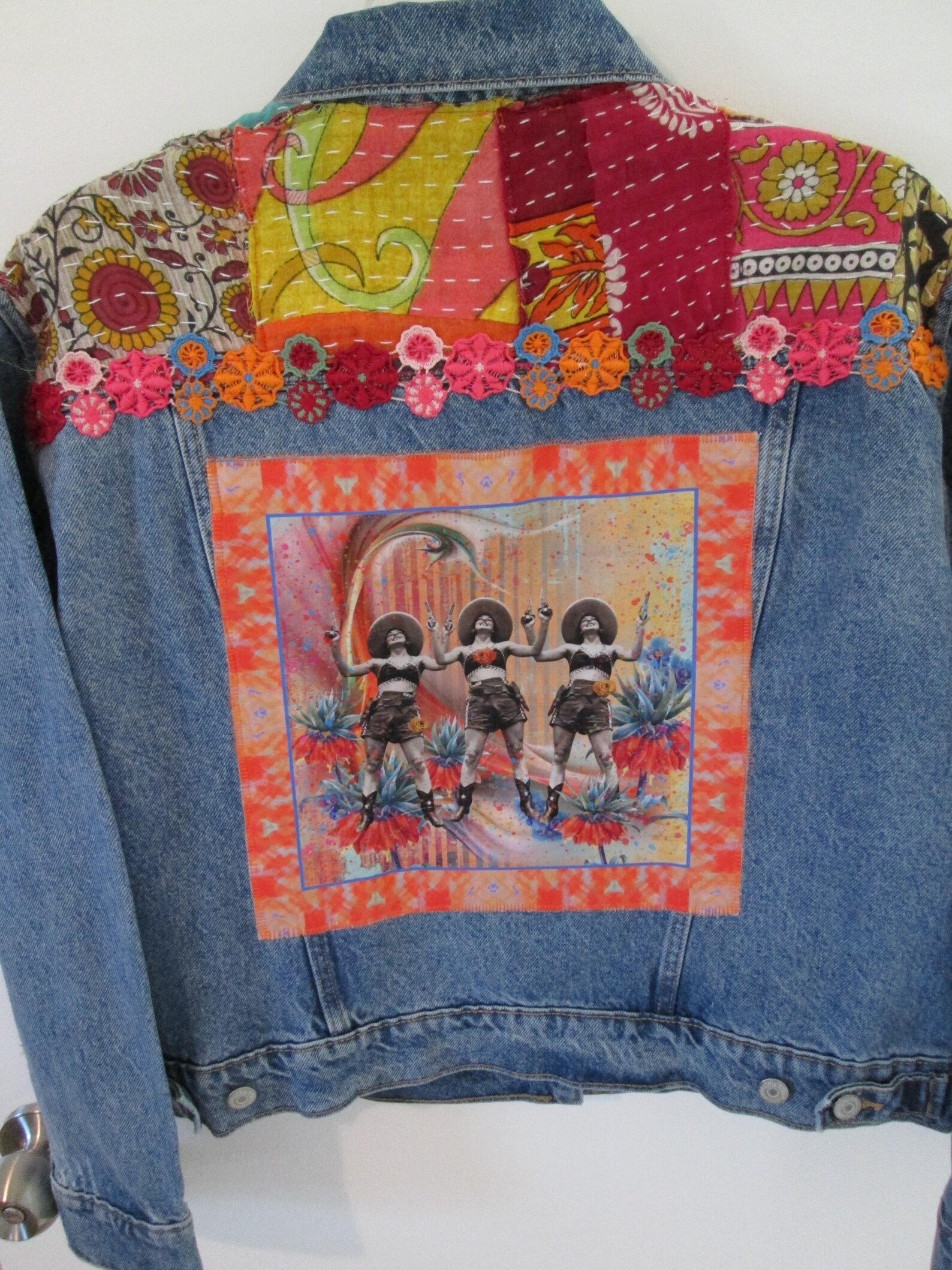Boho Chic Denim Jacket, Artisan Crafted Patchwork Distressed Jean ...