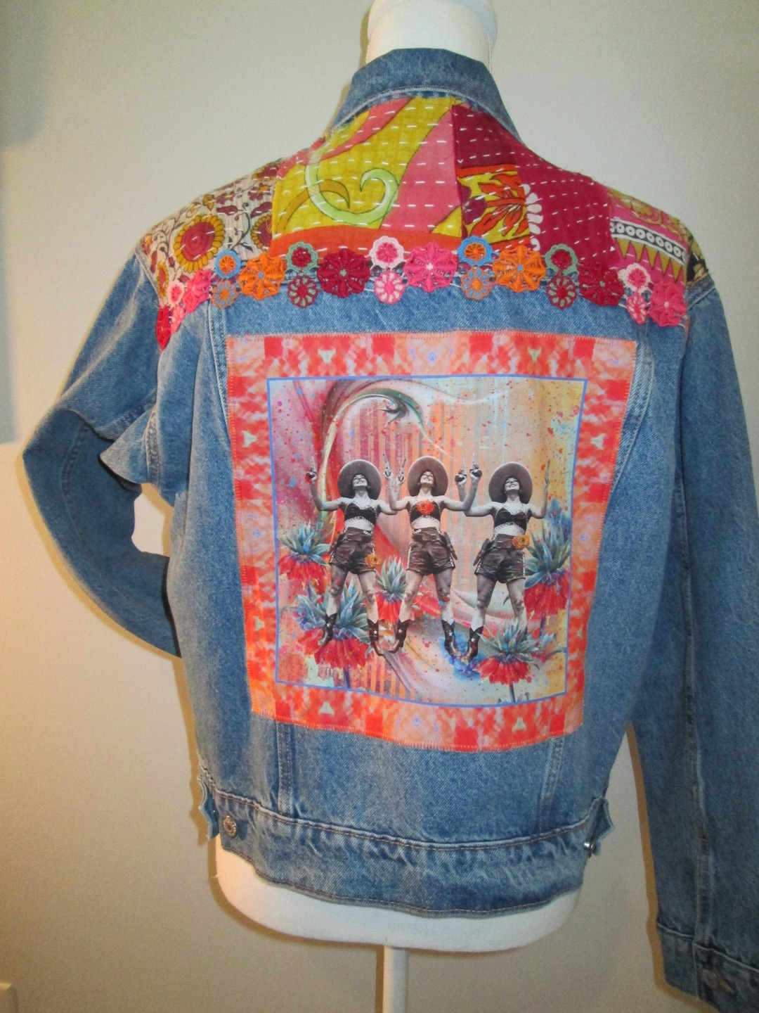 Boho Chic Denim Jacket, Artisan Crafted Patchwork Distressed Jean ...